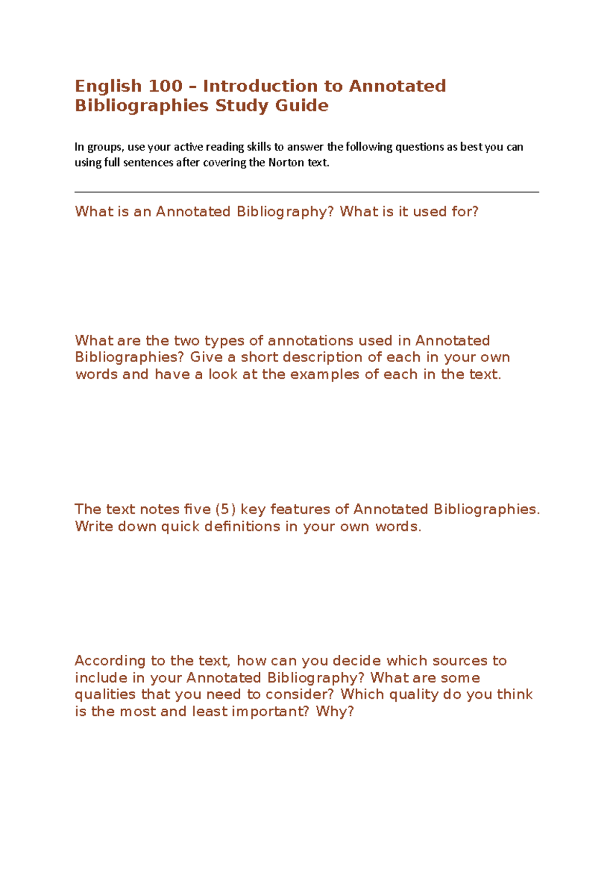 English 100 Introduction to Annotated Bibliographies Study Guide - What ...