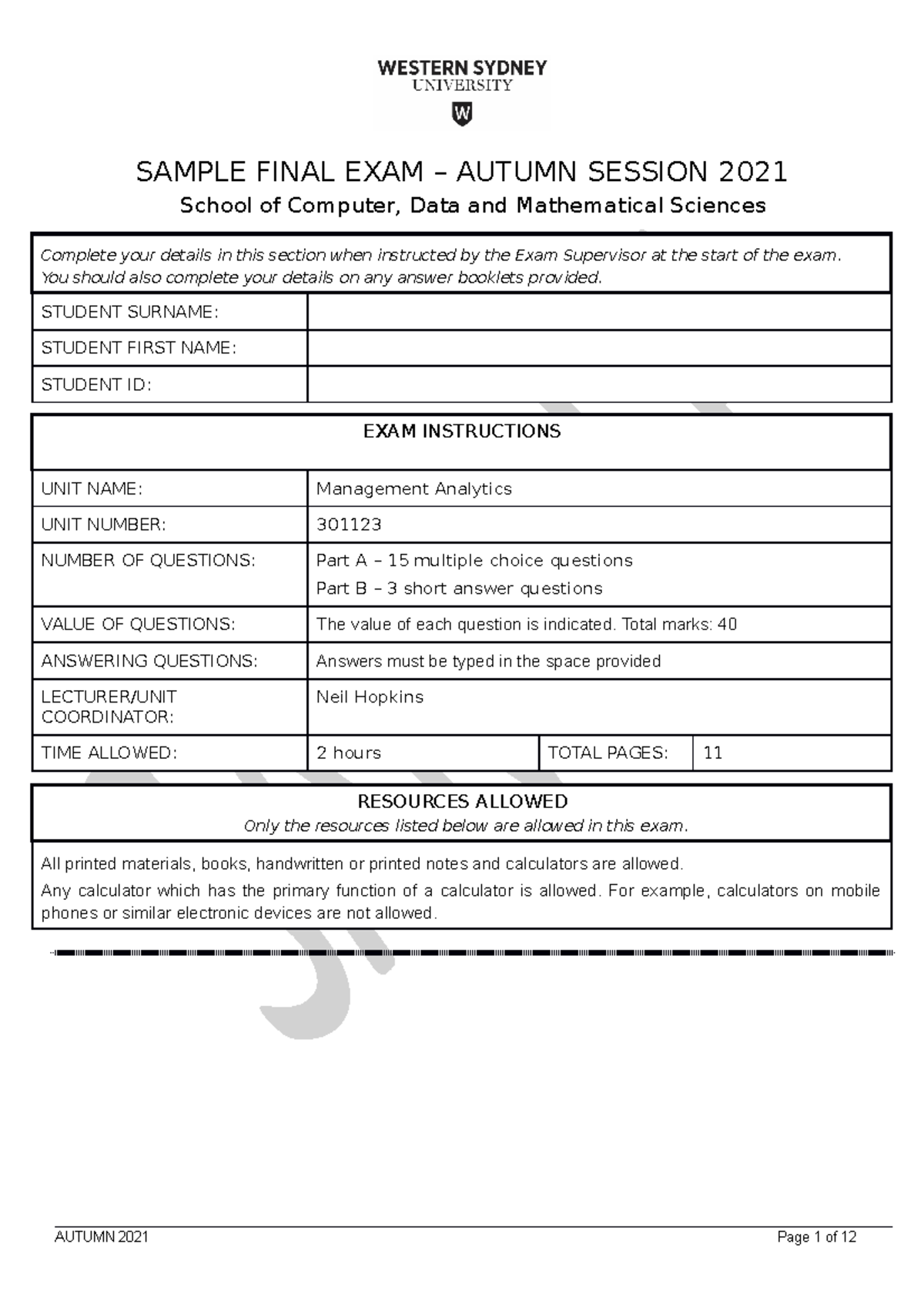 Final examination sample, solutions provided - SAMPLE FINAL EXAM ...