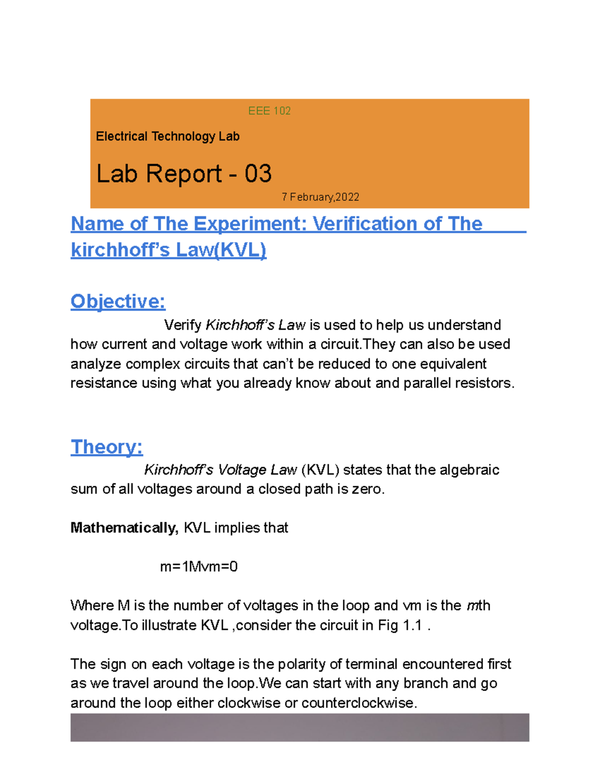 Kvl lab repoort - EEE 102 Electrical Technology Lab Lab Report - 03 7 February, Name of The ...