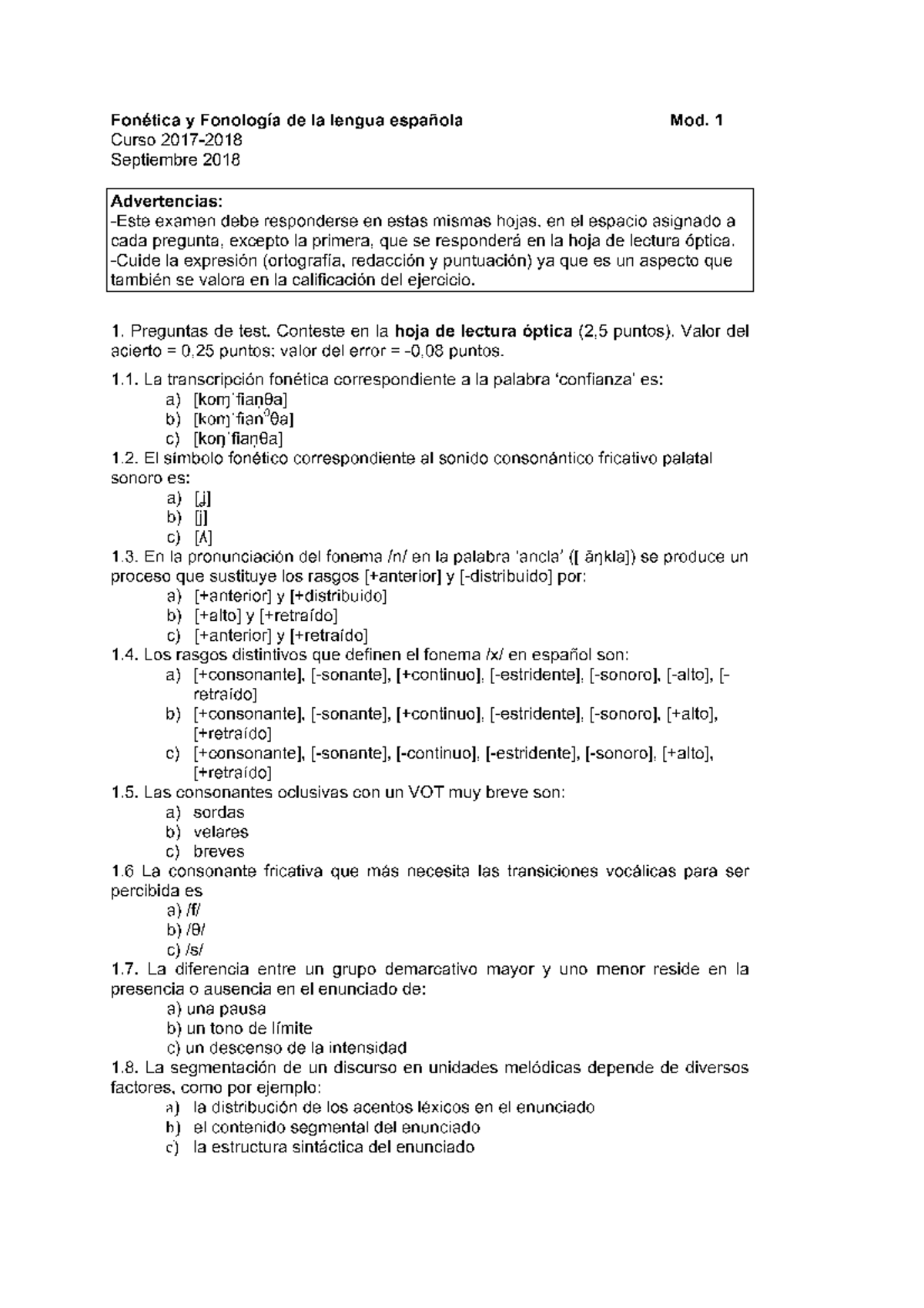examen año 2018 - Fonética y Fonología de la Lengua Española - Studocu