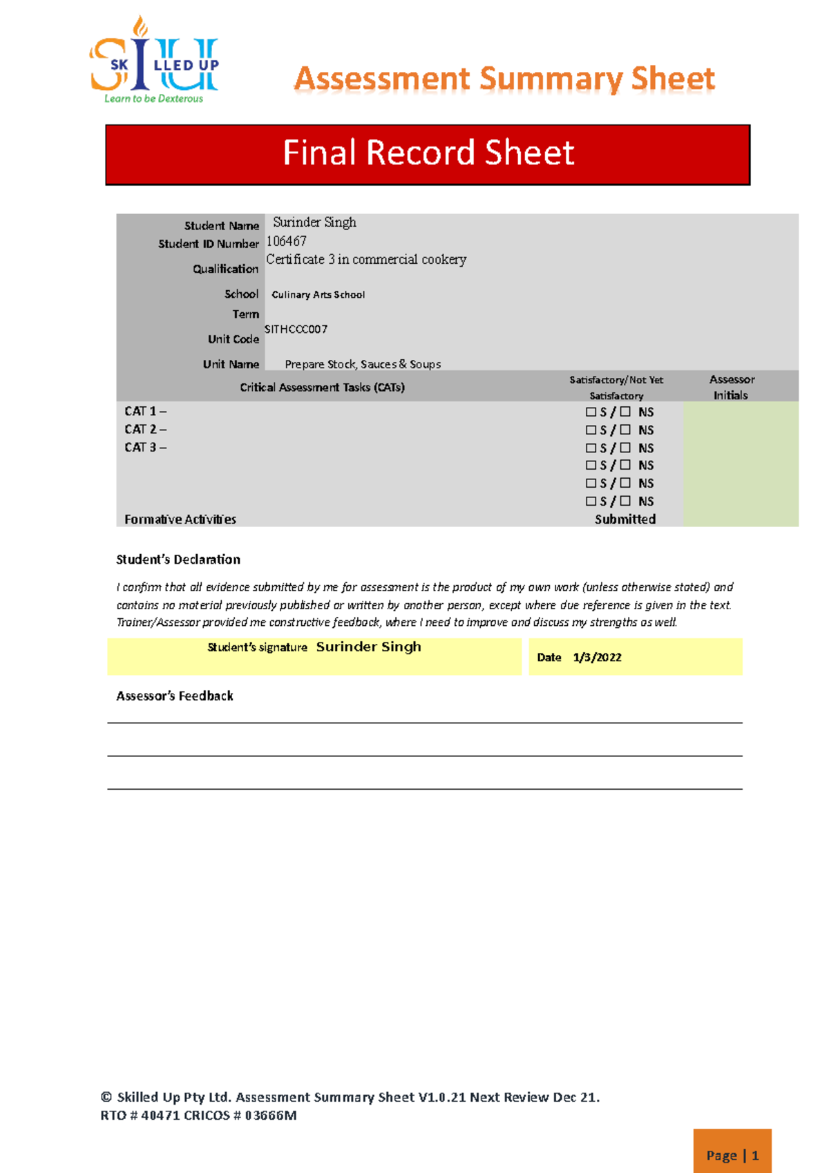 Sithccc 007 Student Assessment Workbook(surinder singh 106467 ...