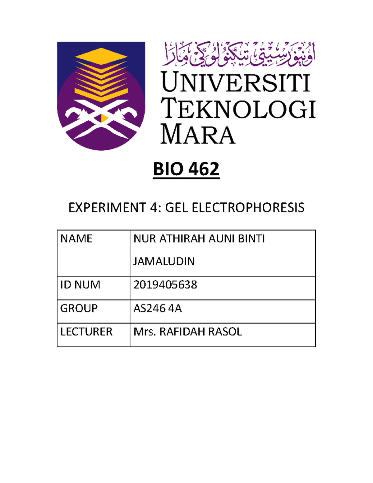 Lab 4 BIO462 biochem - biochemistry - UiTM - Studocu
