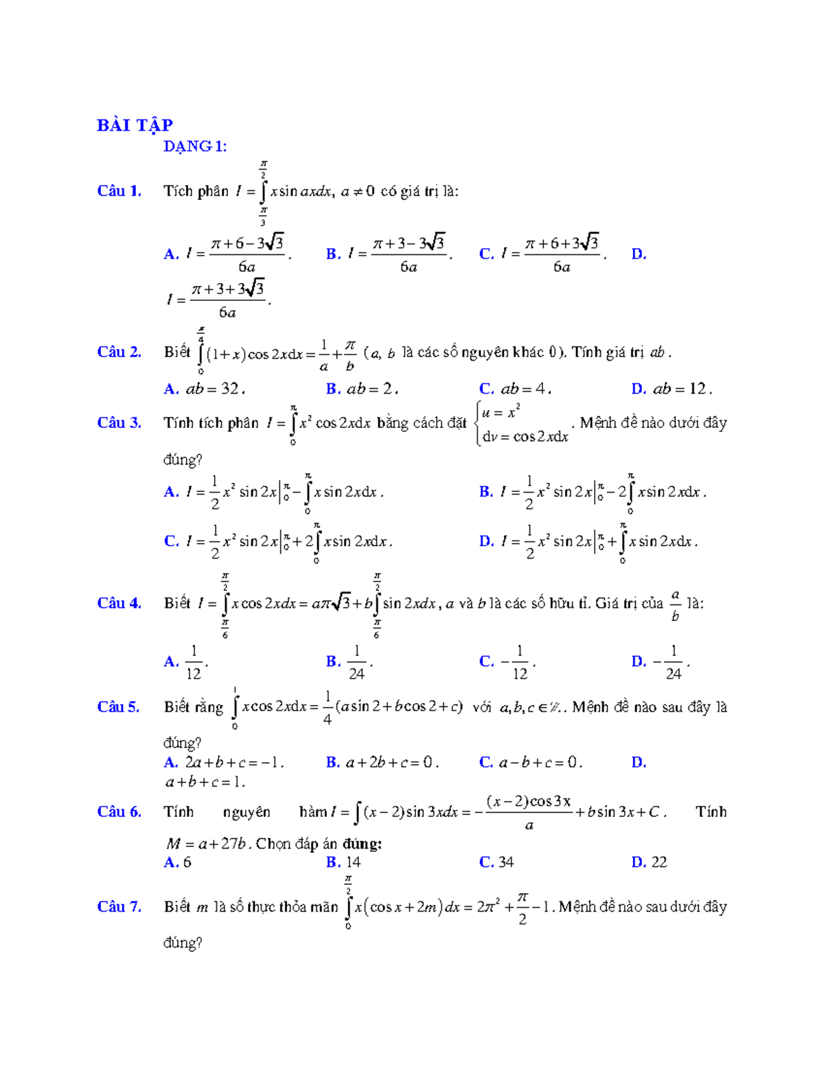 BÀI TẬP tich phan - BÀI TẬP tich phan - BÀI TẬP DẠNG 1: Câu 1. Tích ...