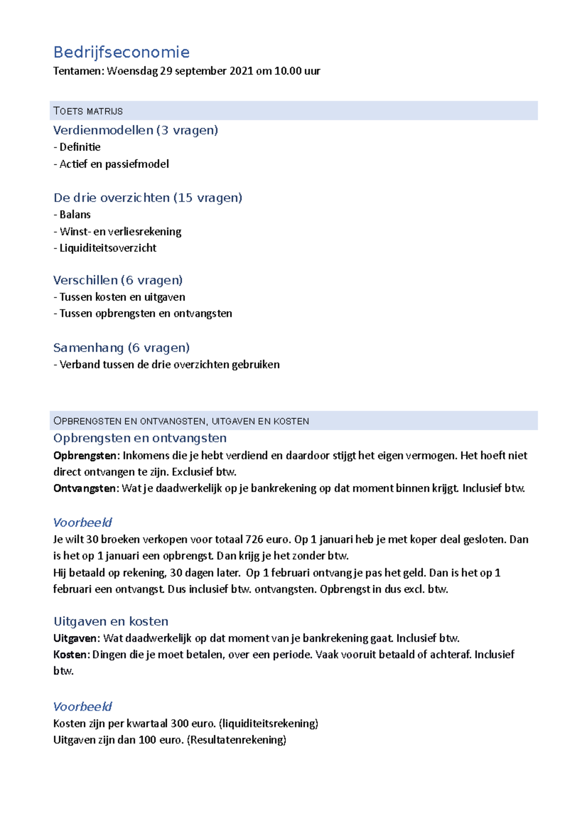 ENTJ1 BECO 1 Verdienmodellen, balans, winst en verliesrekening ...