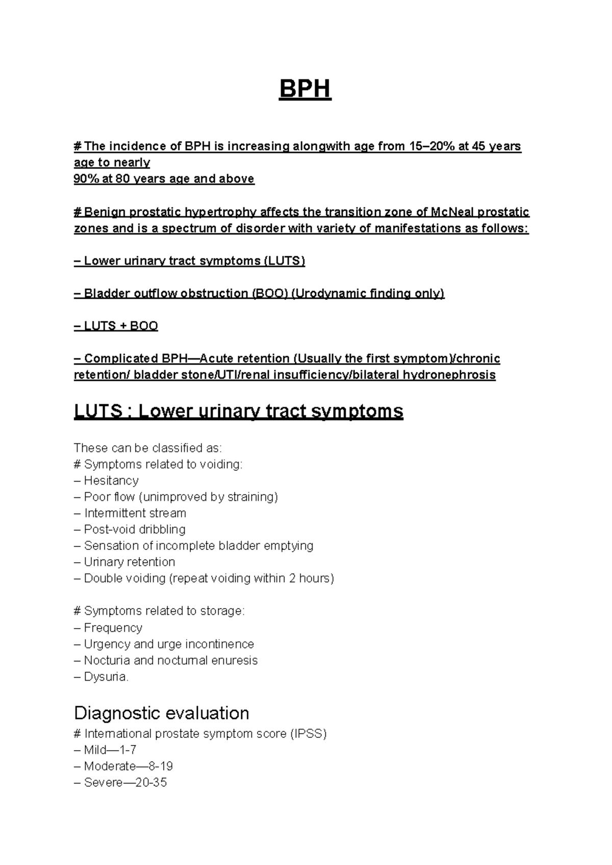 BPH - Diagnostic evaluation # International prostate symptom score ...