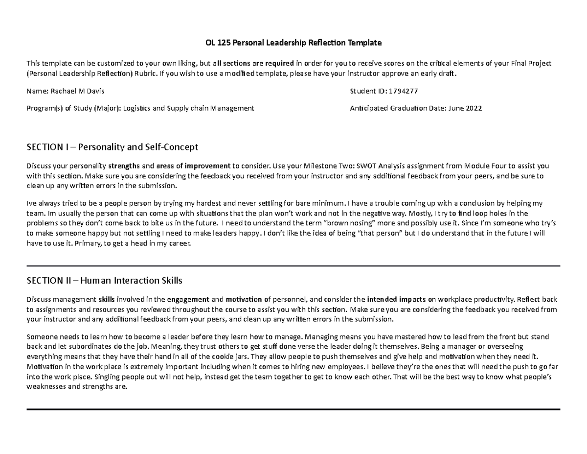 Ol125 personal leadership reflection template 1 - OL 125 Personal ...