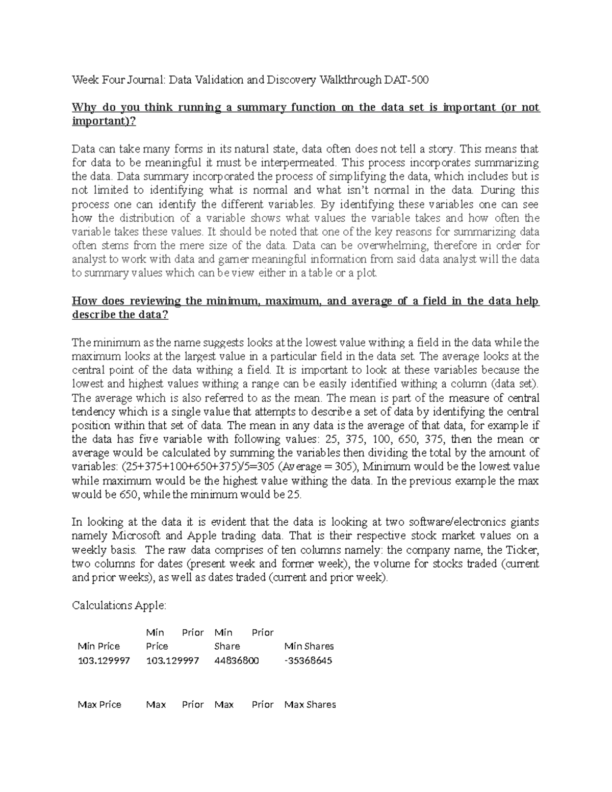 Week 4 Journal - DATA ANALYSIS - Week Four Journal: Data Validation and ...