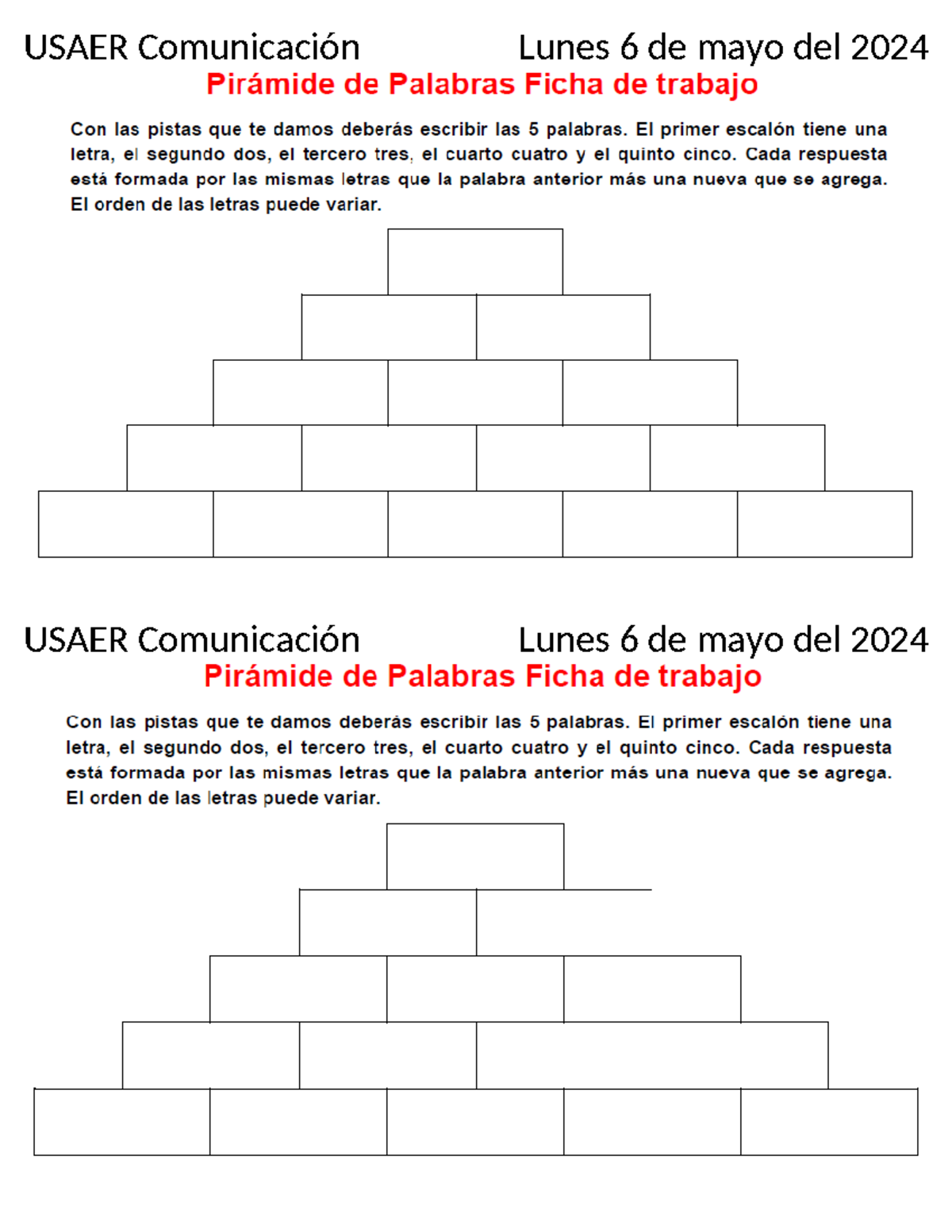 Piramide de las palabras - Español - USAER Comunicación Lunes 6 de mayo ...