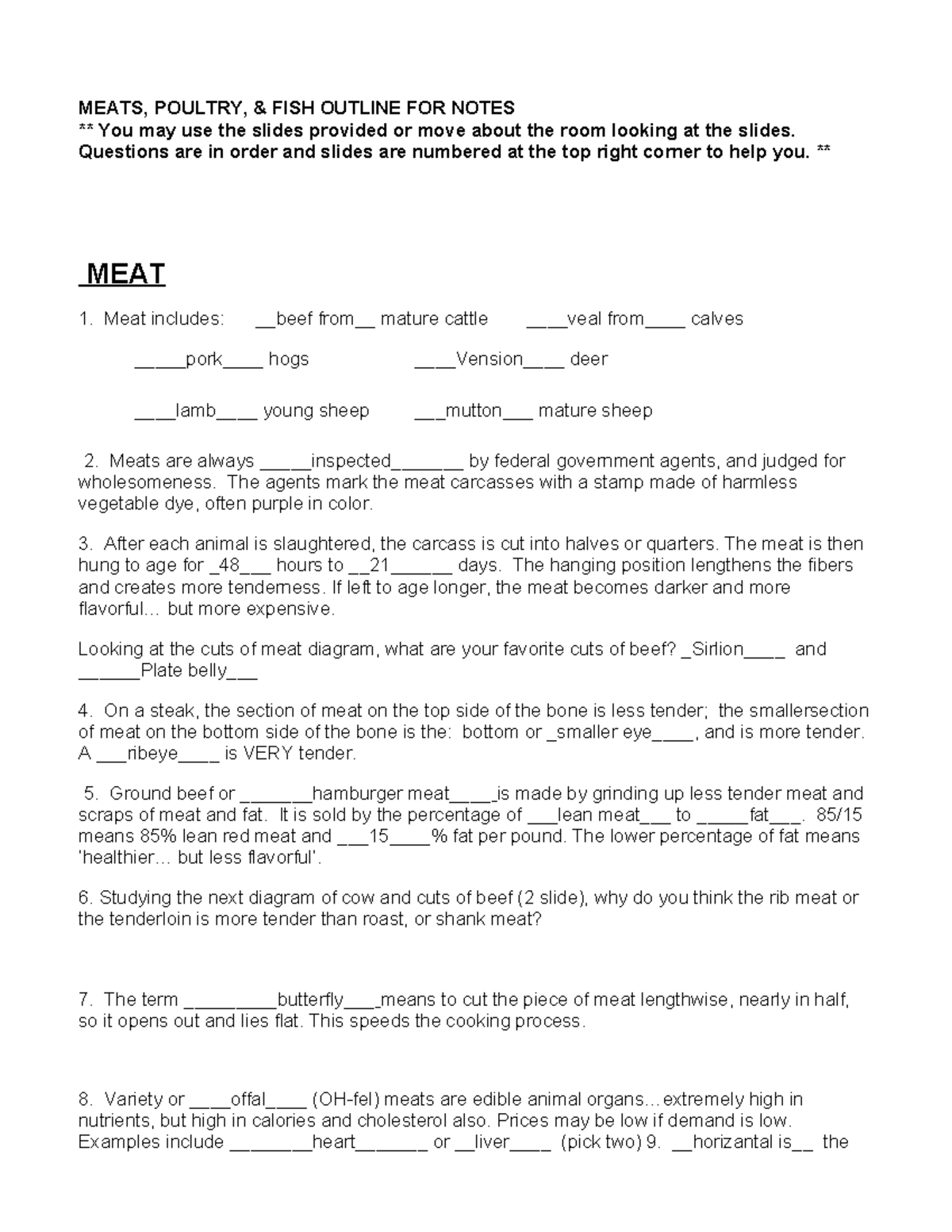 Meats, Poultry, & FISH Outline FOR Notes - MEATS, POULTRY, & FISH ...