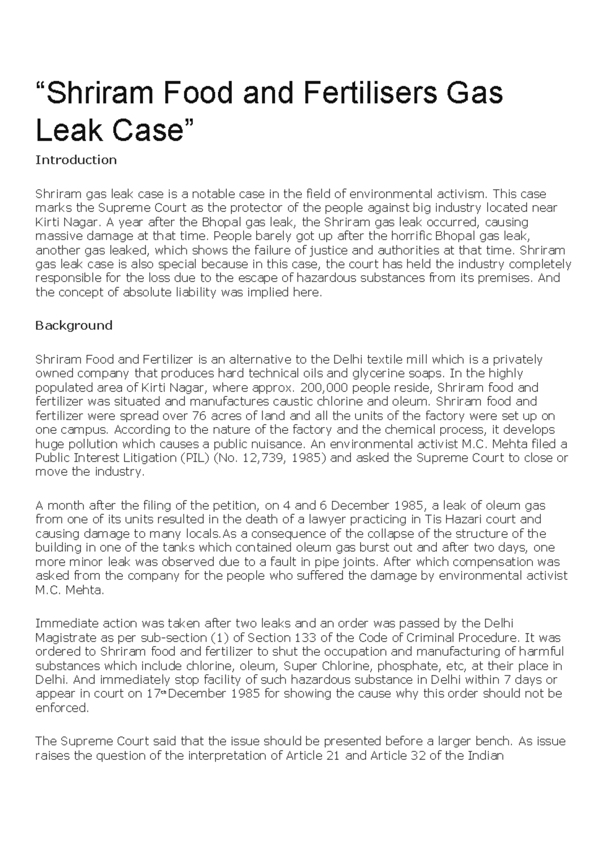 5 Environmental LAW - “Shriram Food and Fertilisers Gas Leak Case” Introduction Shriram gas leak ...