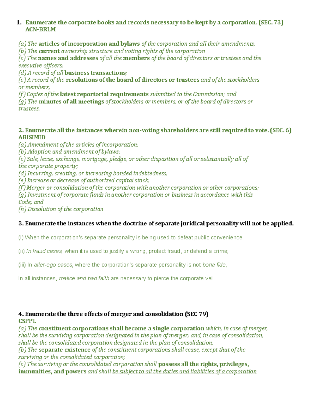 Law - Notes about business law - Enumerate the corporate books and ...