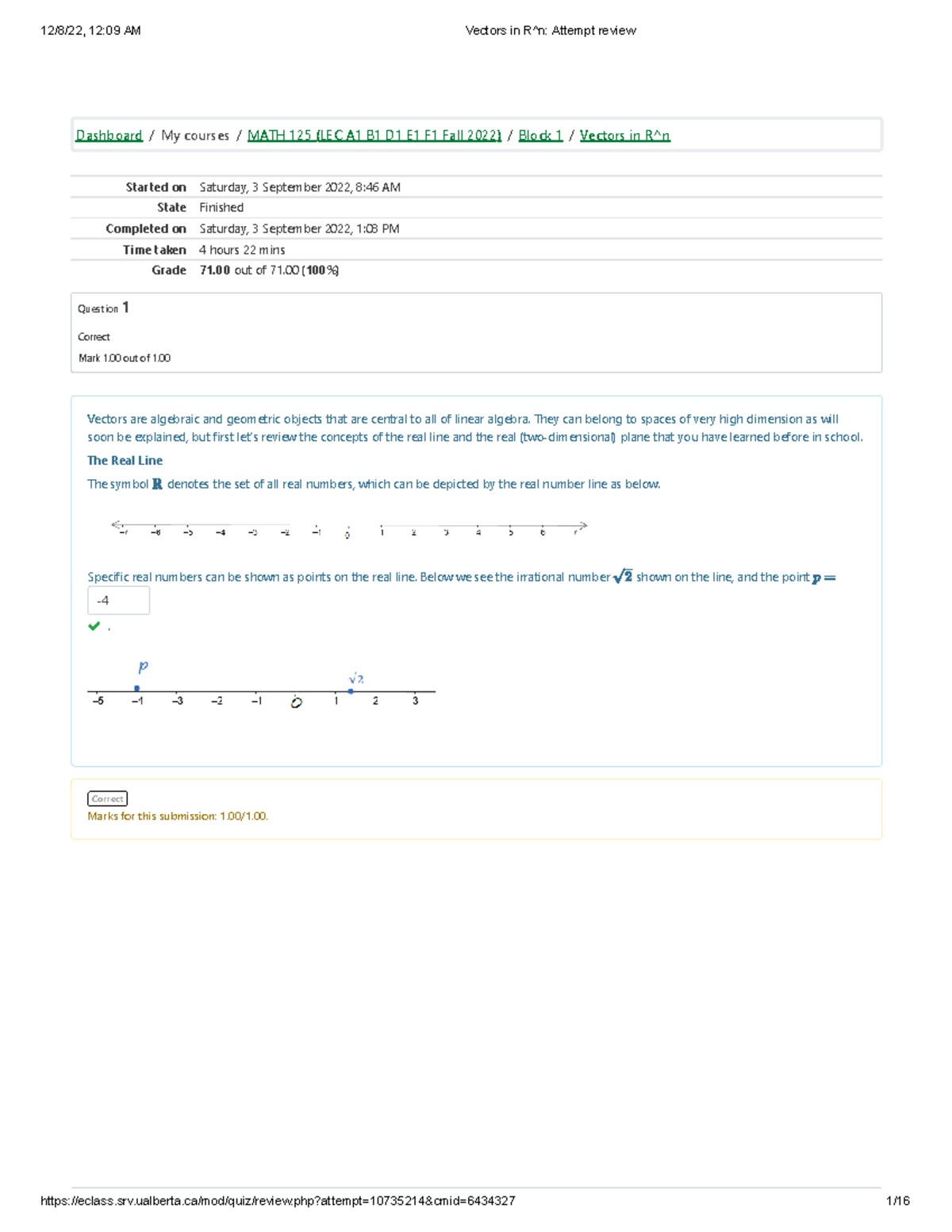 Vectors in R^n Attempt review - Dashboard / My courses / MATH 125 (LEC ...