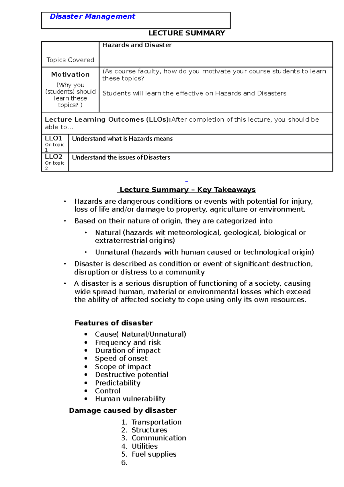 Hazards and Disaster - Disaster Management LECTURE SUMMARY Topics ...