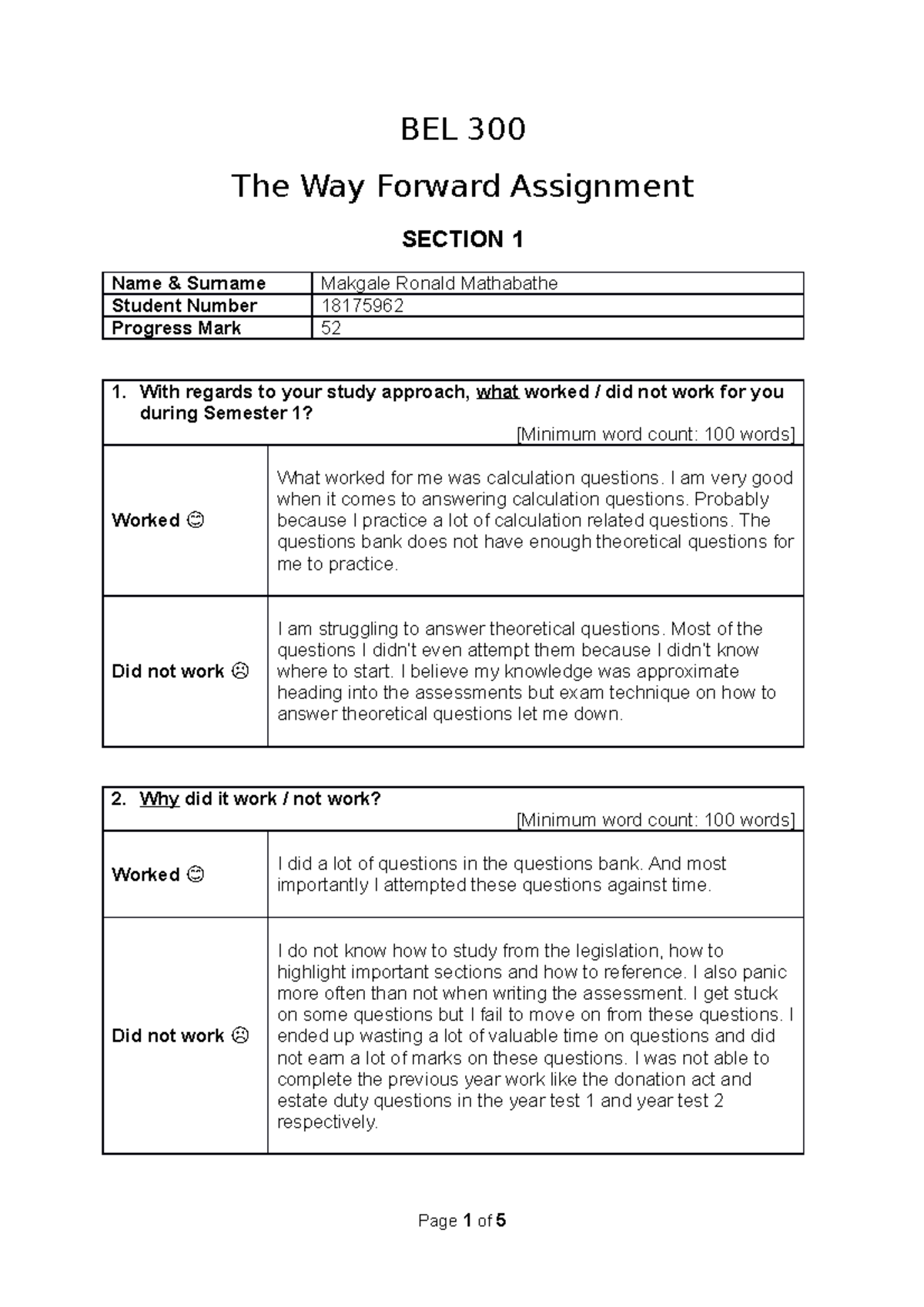 BEL 300 The Way Forward Assignment Template - BEL 300 The Way Forward ...