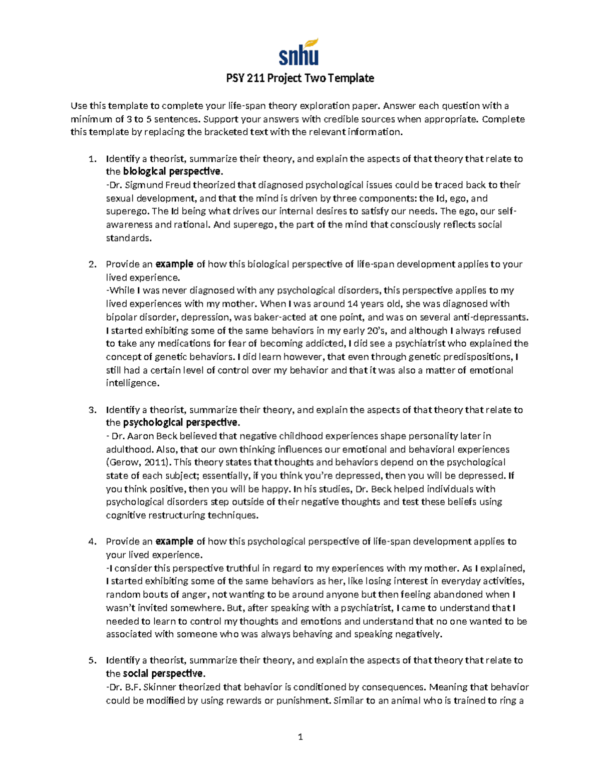 PSY 211 Project Two - PSY 211 Project Two Template Use this template to complete your life-span ...