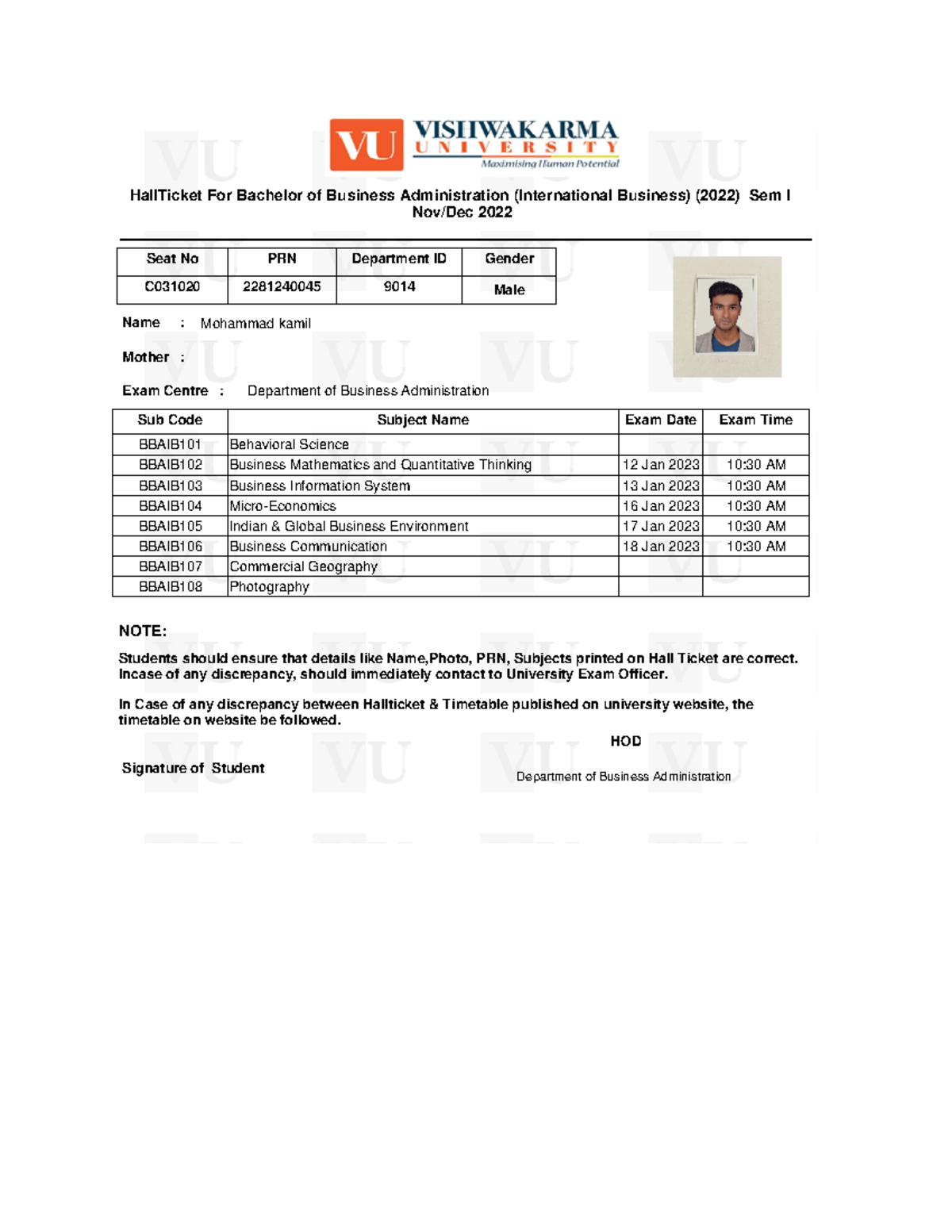 Hall Ticket 2290140492 1 5 2023 12 00 00 AM - Name : Mohammad kamil ...