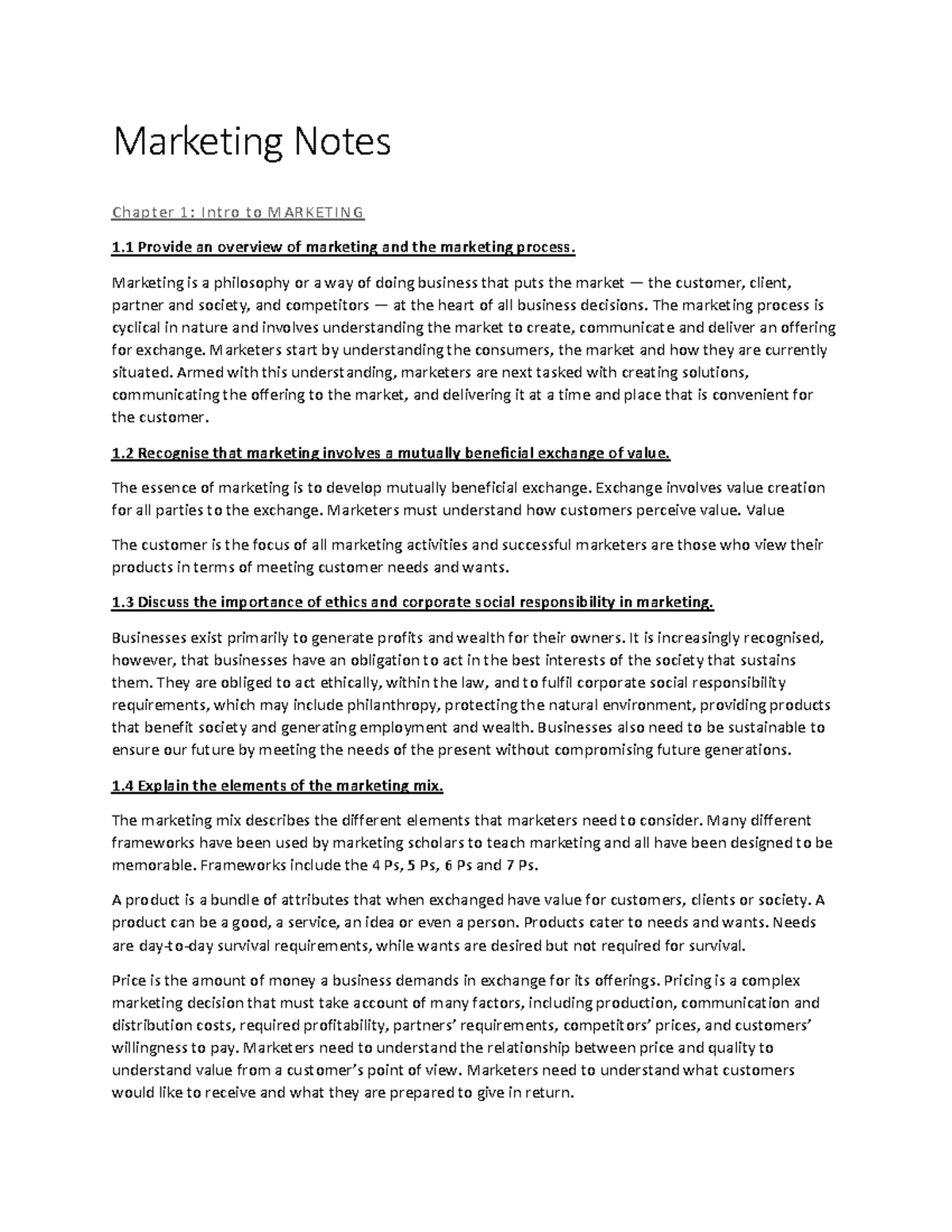Marketing Notes - Summary of Key Textbook Chapters for MKC1200 ...