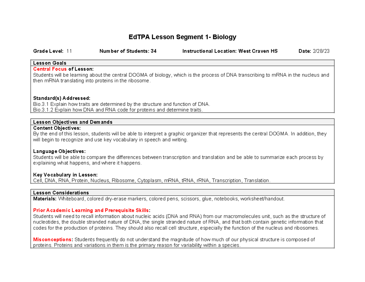 Lesson Plan 1 - EdTPA Lesson Segment 1- Biology Grade Level: 11 Number ...
