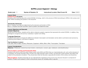 Lesson 3 - EdTPA Lesson Segment 3- Biology Grade Level: 11 Number of ...
