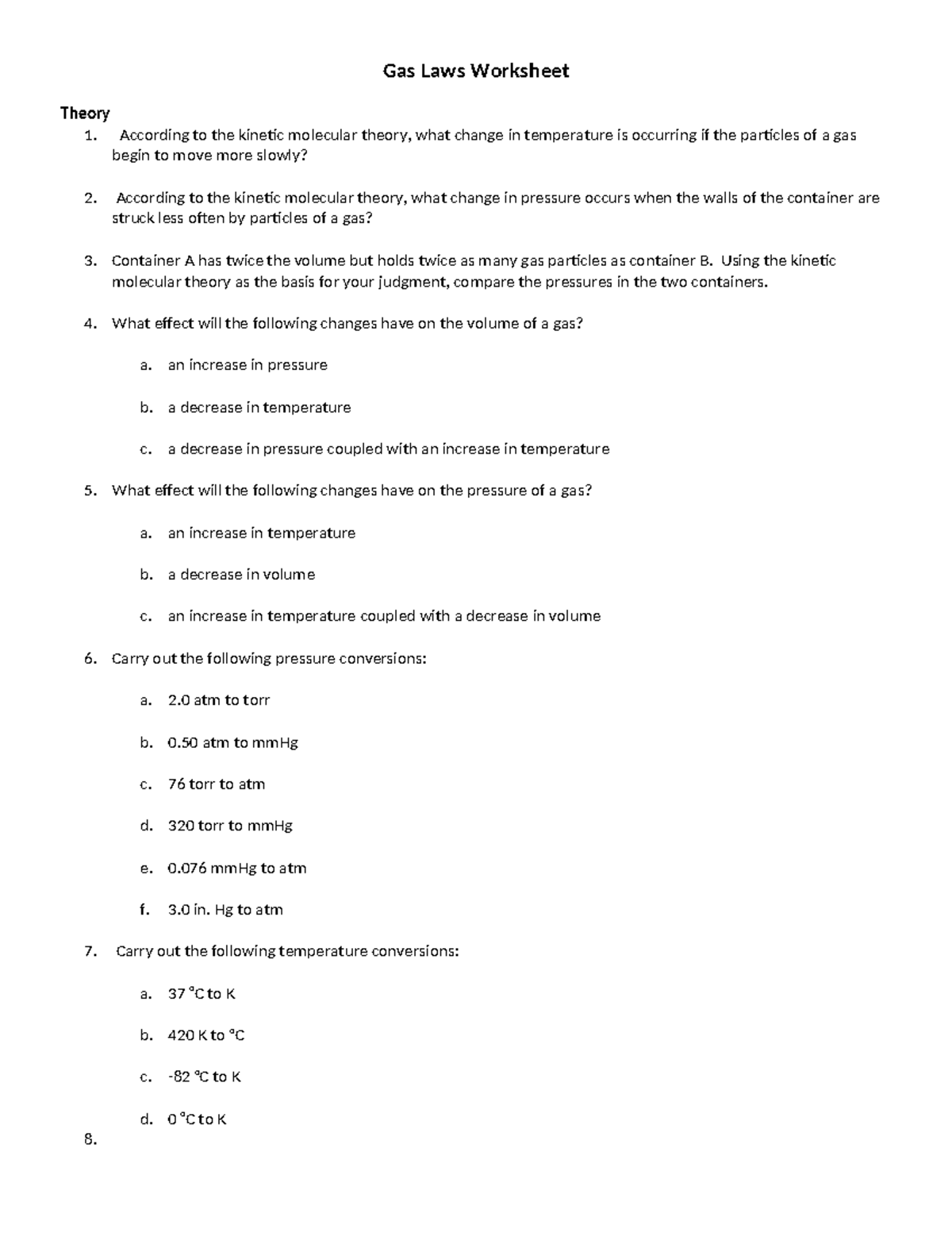 Gas Laws Worksheet - Practice work - Gas Laws Worksheet Theory 1 ...