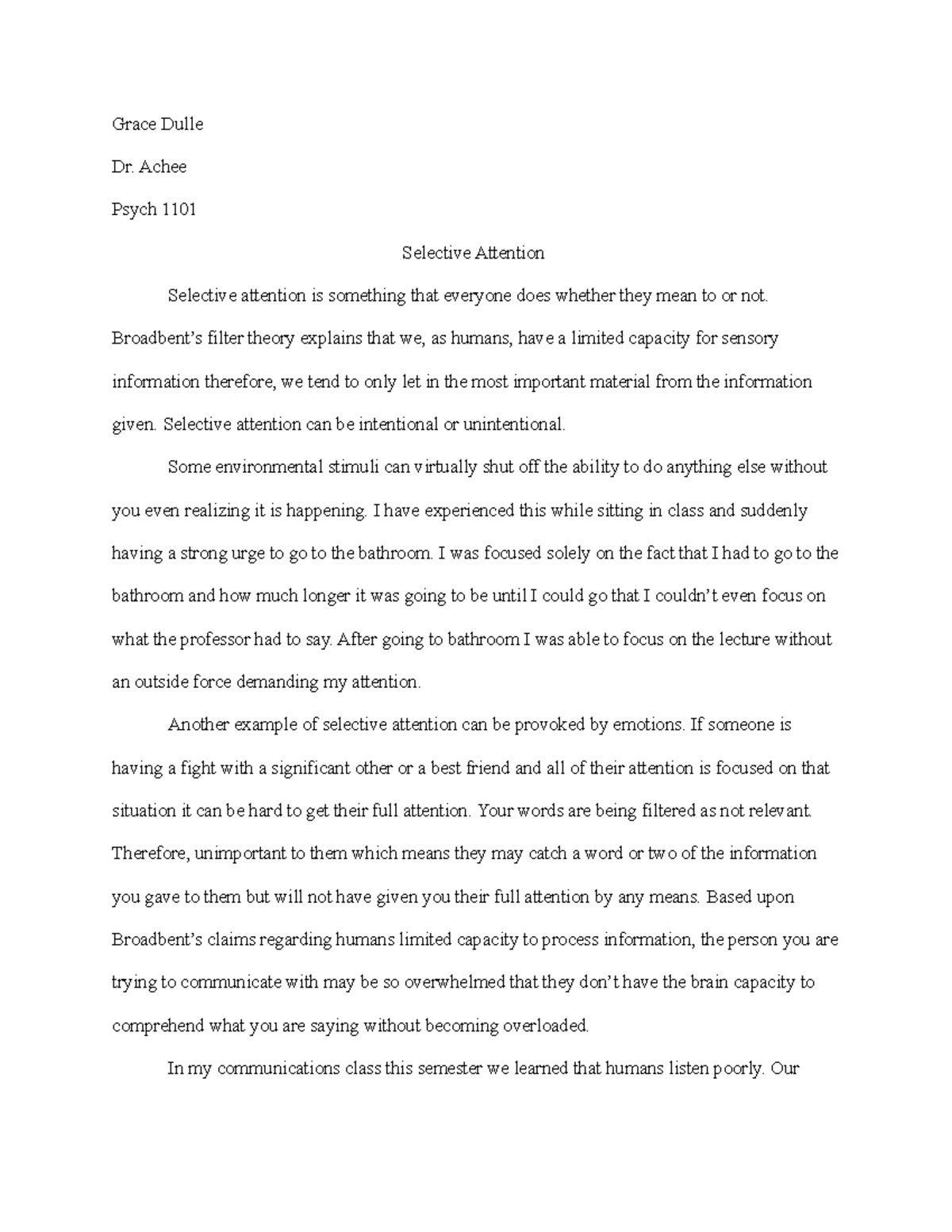 Psych paper 2 - Selective Attention Professor Achee - Grace Dulle Dr ...