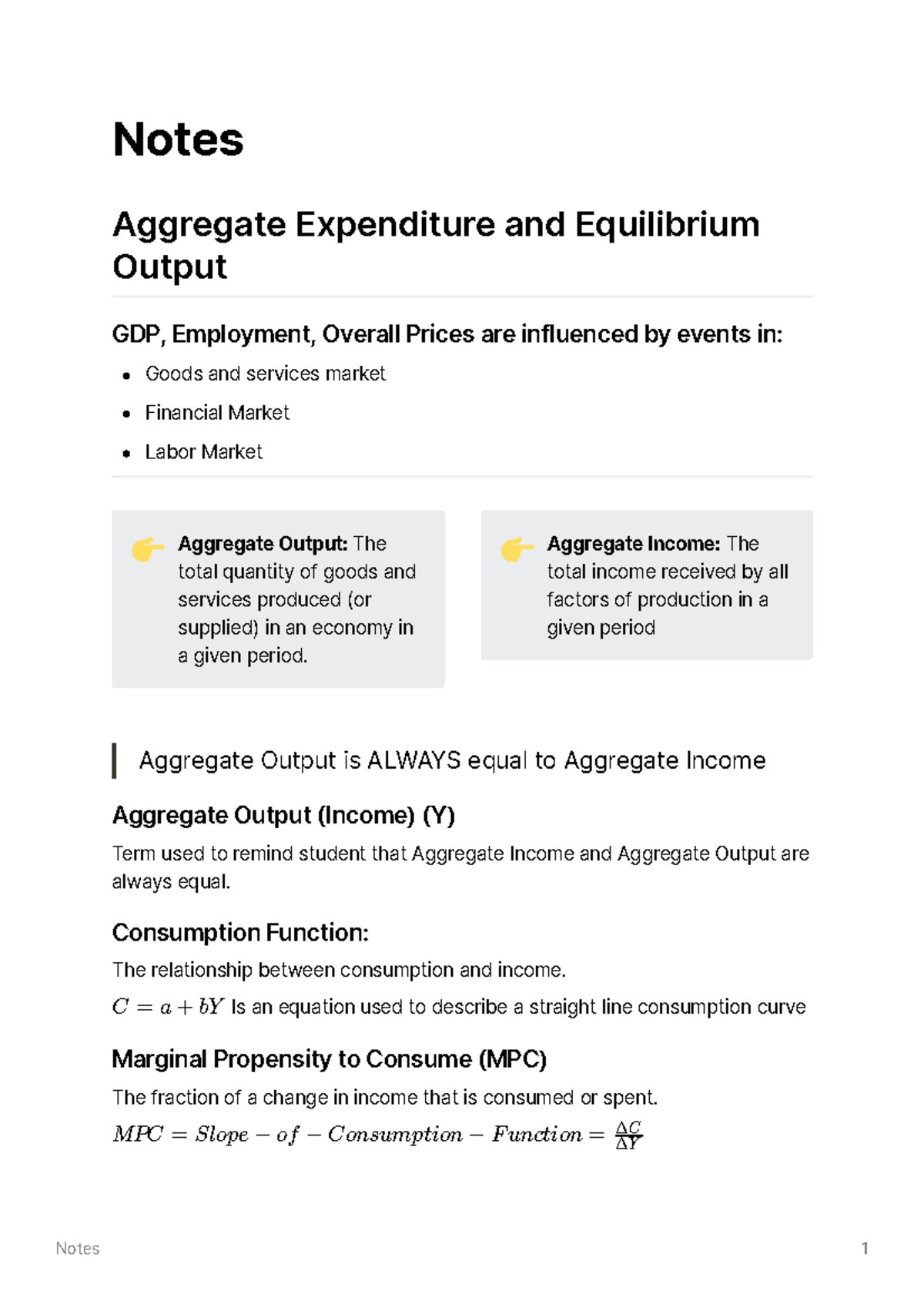 ECON 212 - Chapter 4 - Notes 1 Notes Aggregate Expenditure and ...