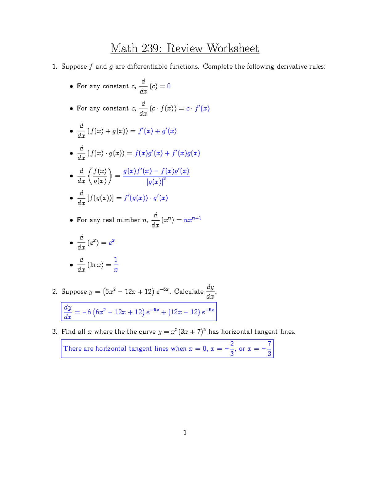 Derivative Worksheet Answers - Math 239: Review Worksheet ...