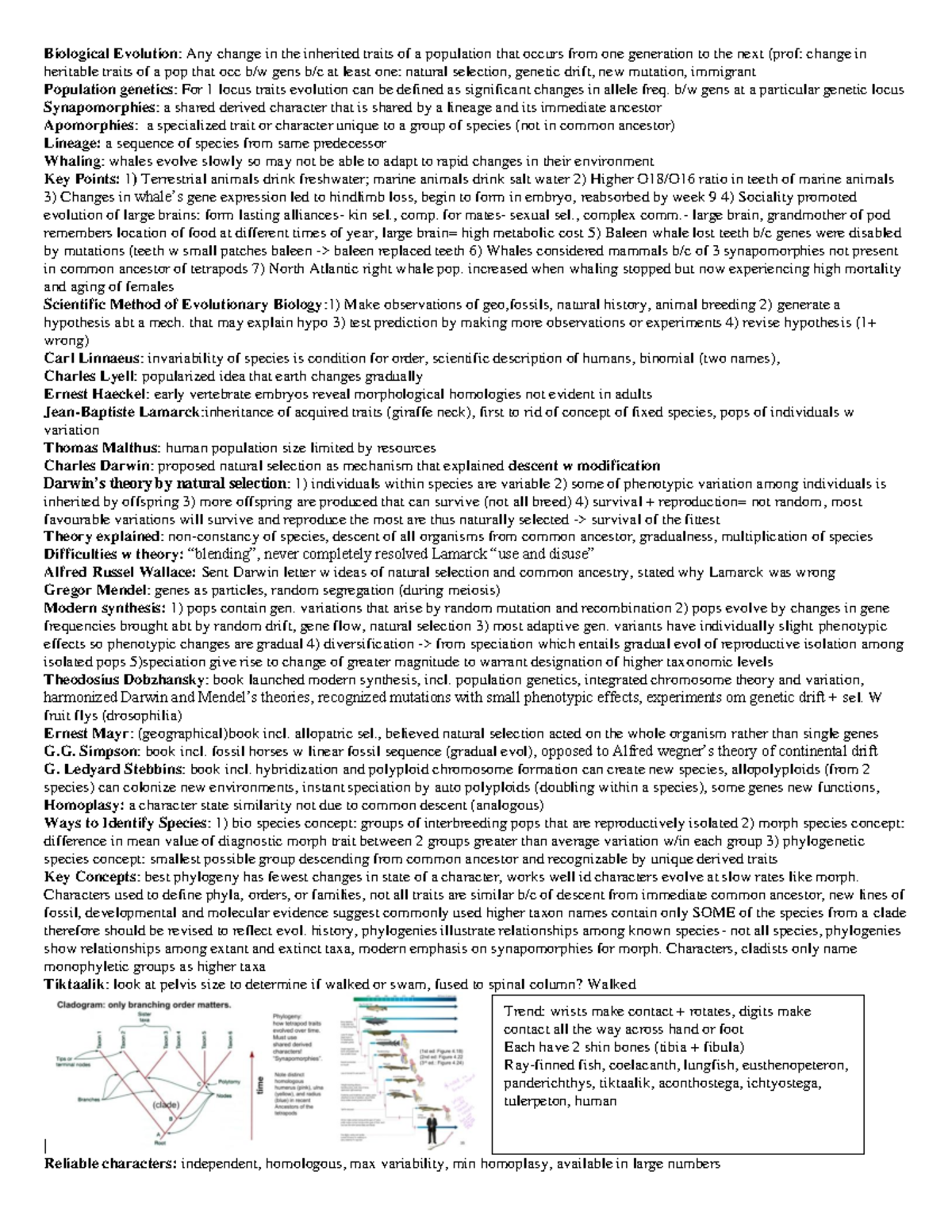 Biol2400 midterm 1 cheat sheet - Biological Evolution: Any change in ...