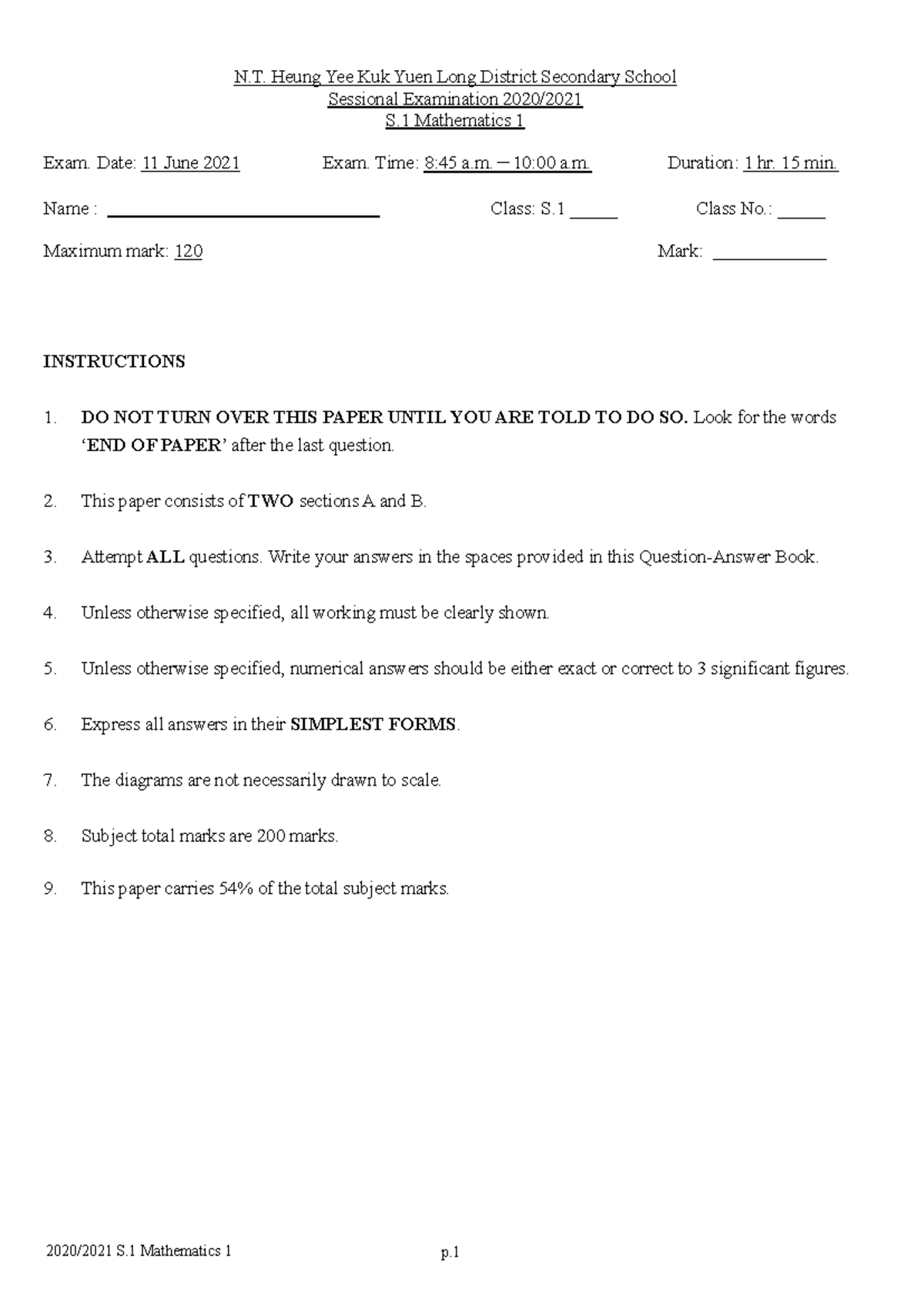 2021 Sessional Exam S1 Maths Paper 1 - N. Heung Yee Kuk Yuen Long ...