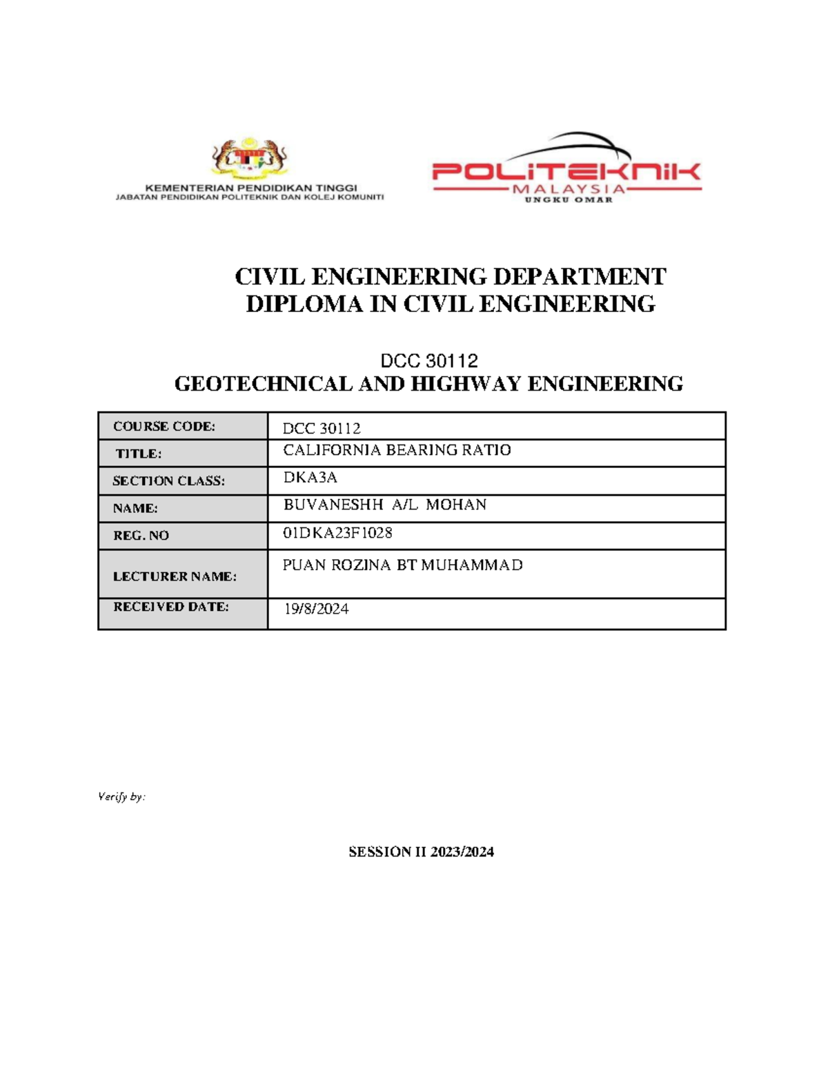 CBR Report STUDYS - CIVIL ENGINEERING DEPARTMENT DIPLOMA IN CIVIL ...