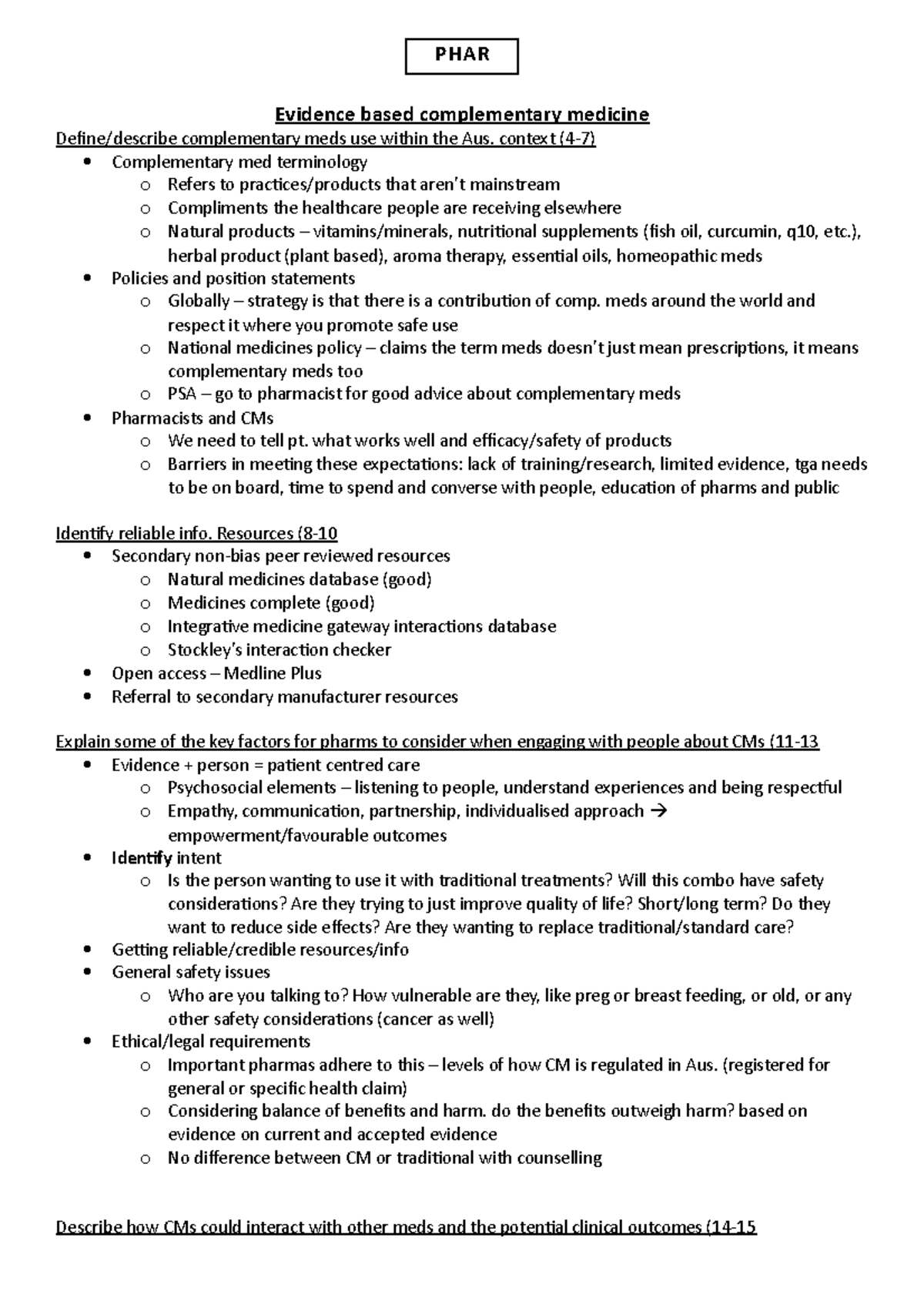 PHAR2822 lec notes - Evidence based complementary medicine Define ...