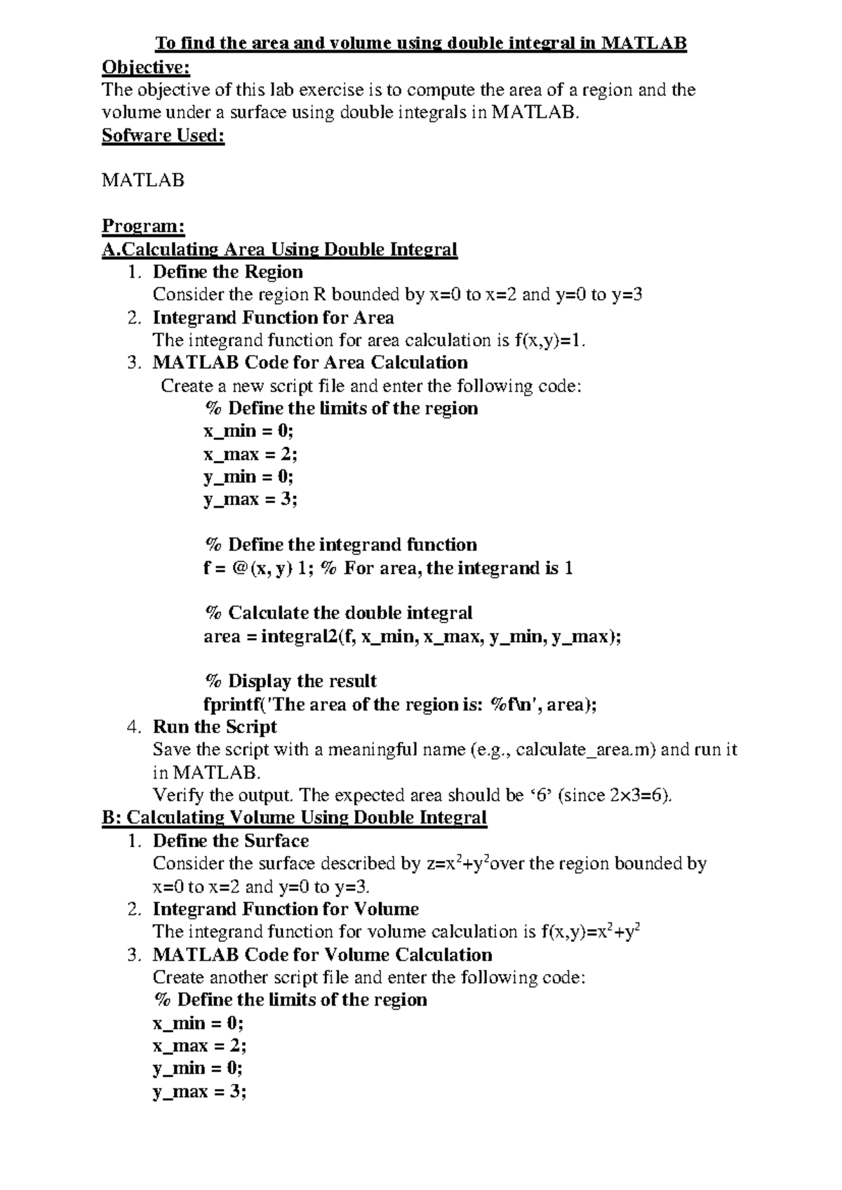 Matlab Exercisefinal - To find the area and volume using double integral in MATLAB Objective ...