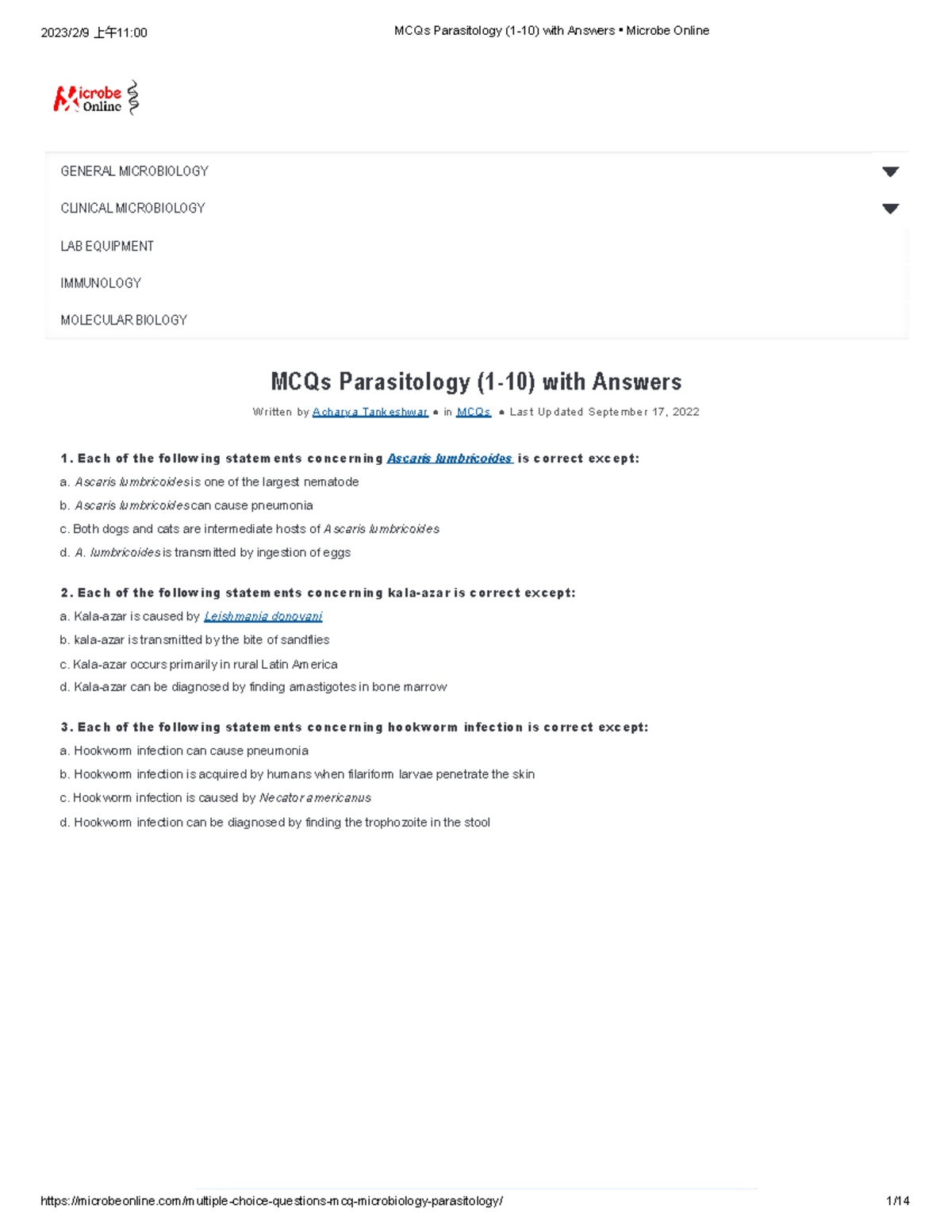 MCQs Parasitology (1-10) with Answers • Microbe Online - Ascaris ...