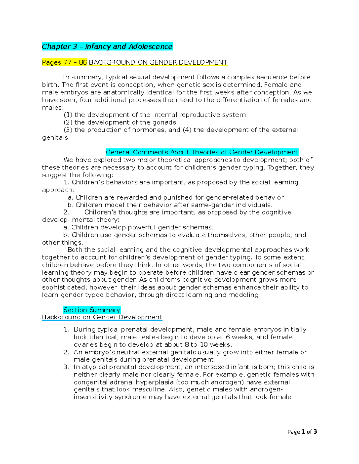Chapter 3 Notes - Chapter 3 – Infancy and Adolescence Pages 77 – 86 ...