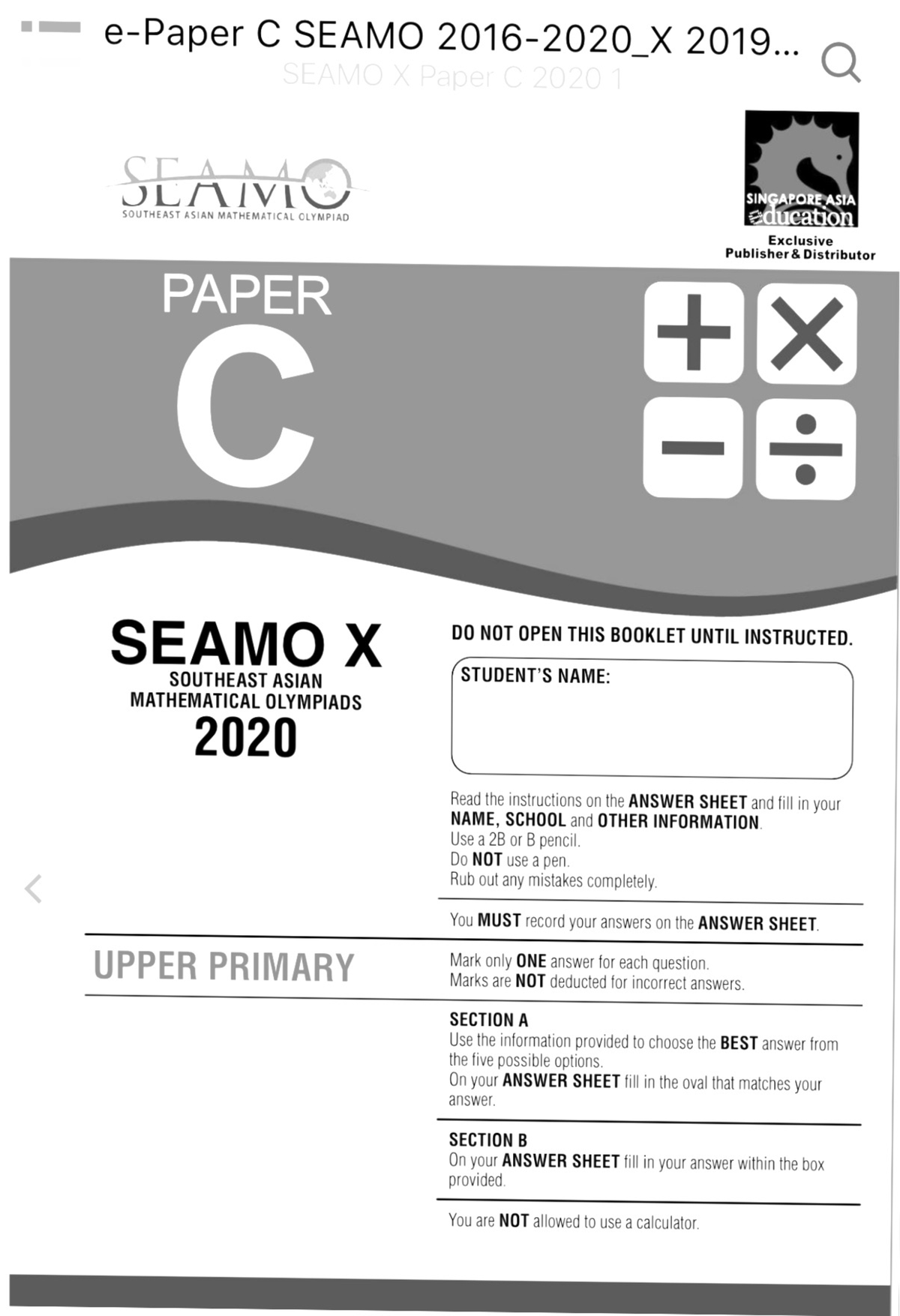 Seamo X 2020 Paper C Questions ONLY - MA1301 - Studocu