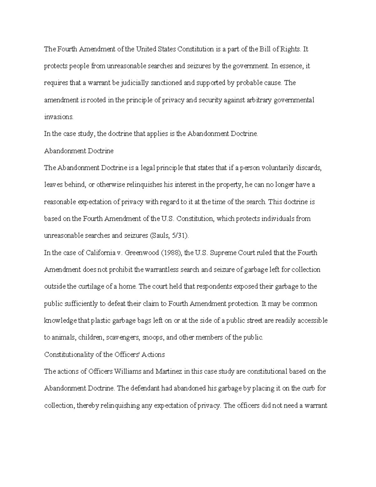 CRJ 325 Week 7 Assignment - The Fourth Amendment of the United States ...