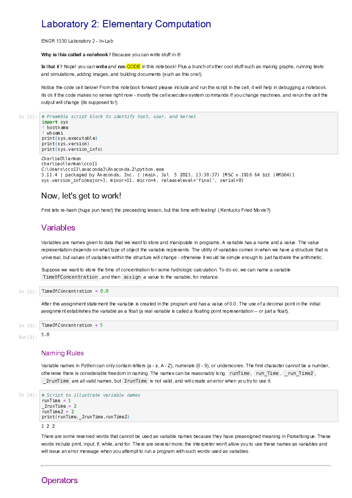 Lab02 - Laboratory 2: Elementary Computation - Laboratory 2: Elementary Computation ENGR 1330 ...