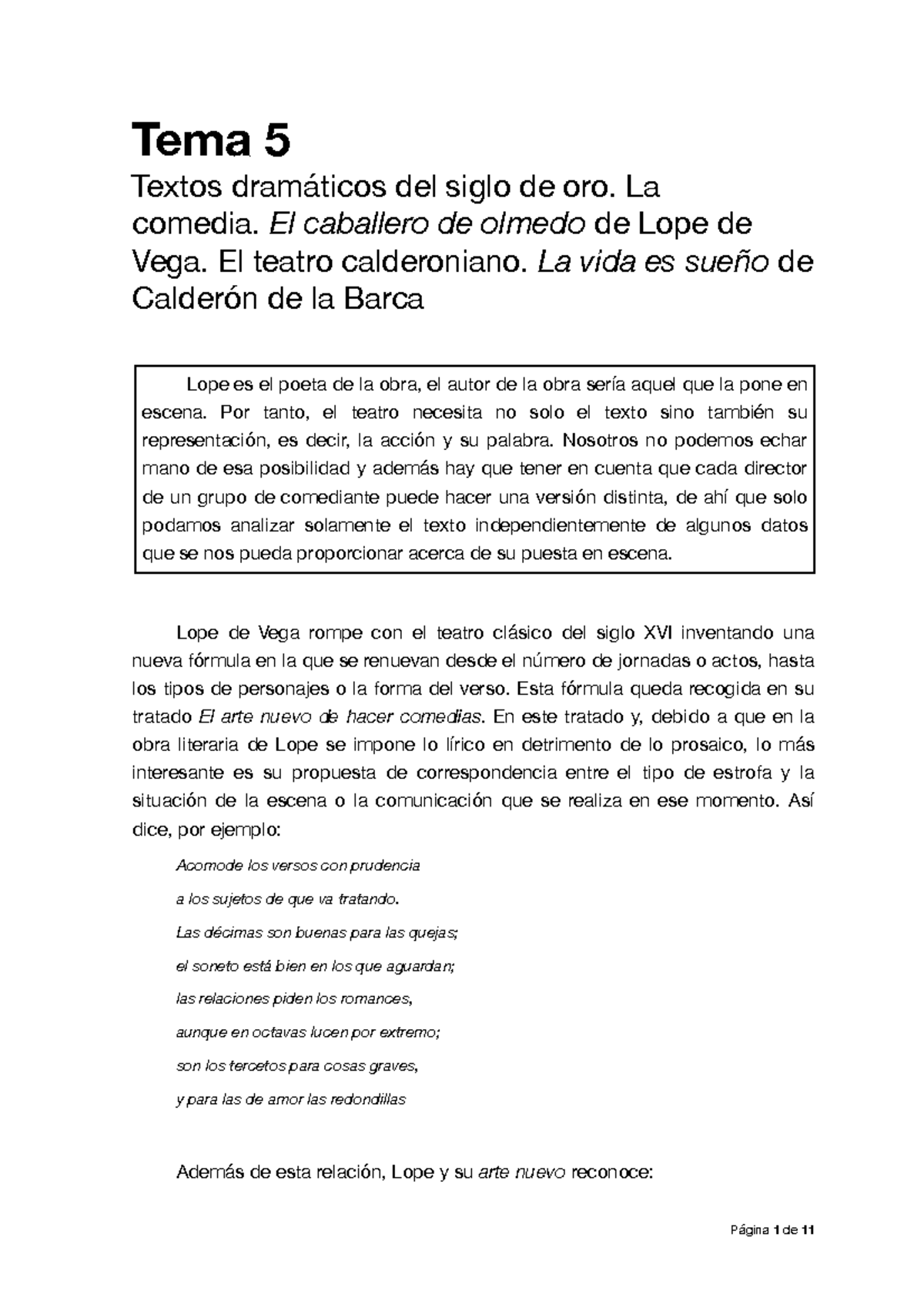 Tema 5. Textos dramáticos del Siglo de Oro - La comedia. El caballero ...