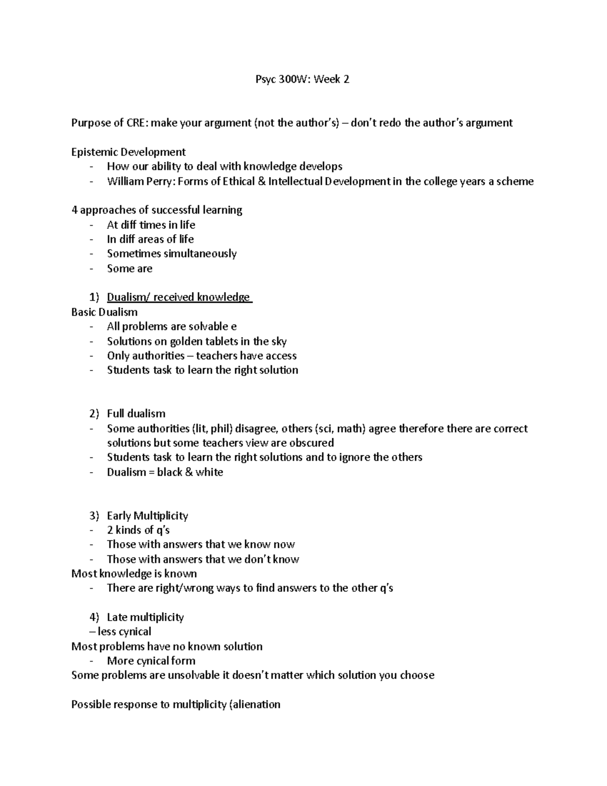 Week 2- lec - Lecture - Psyc 300W: Week 2 Purpose of CRE: make your argument (not the author’s ...