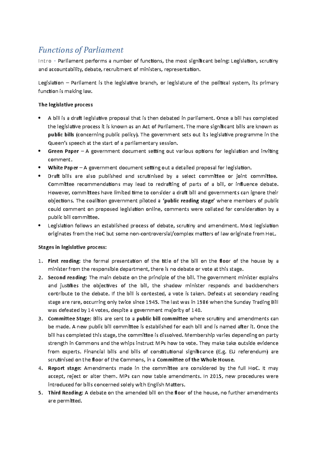 Functions of Parliament notes - Functions of Parliament Intro ...