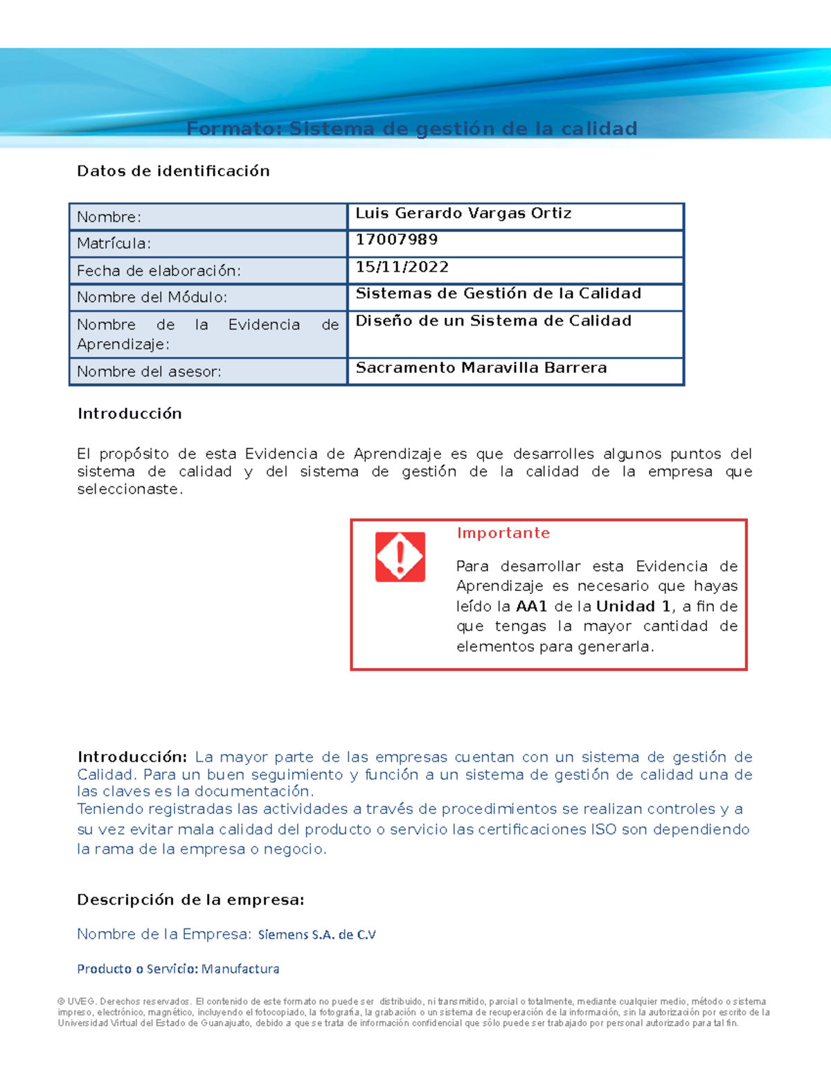 Vargas Luis SGC EA2 - SGC - Formato: Sistema de gestión de la calidad Datos de identificación ...