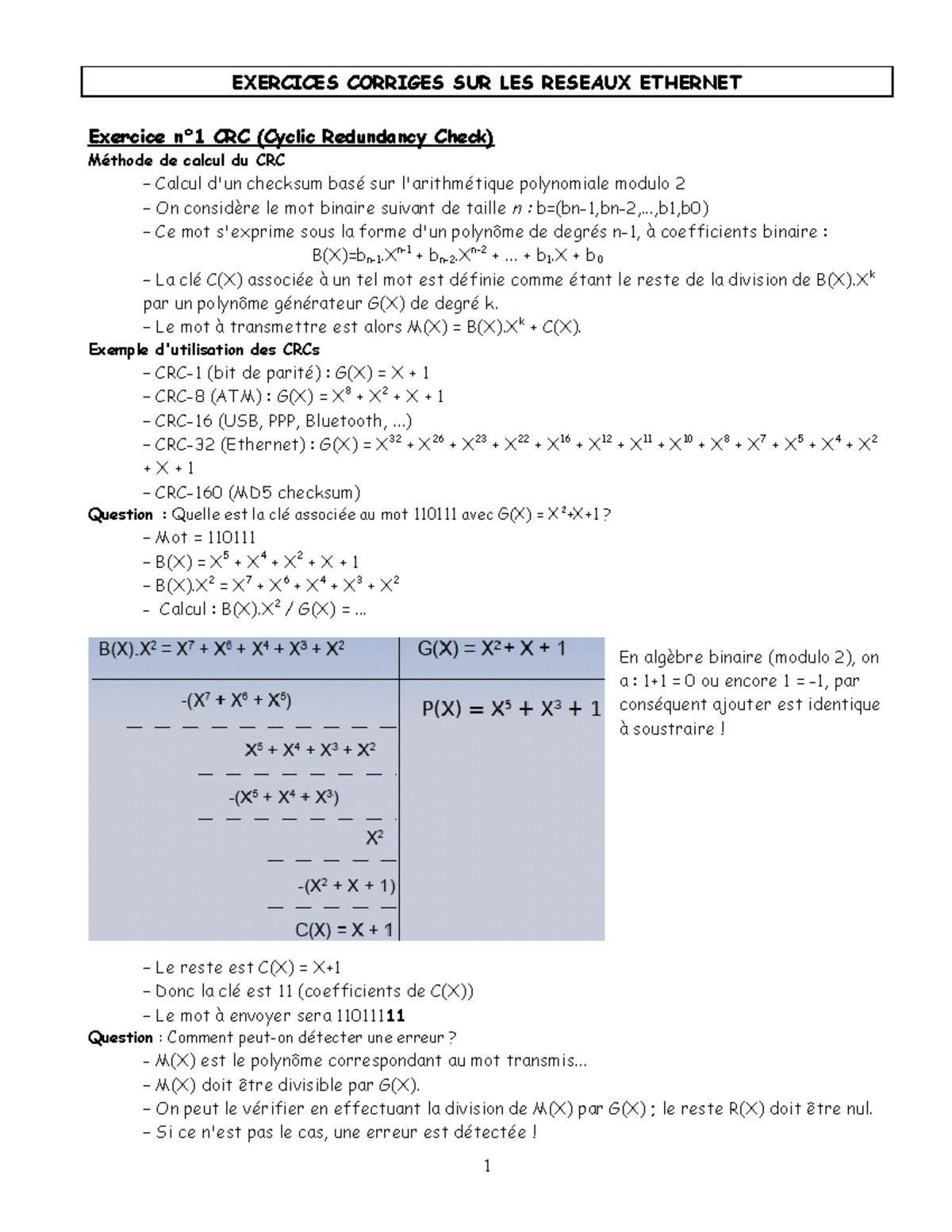 53289194 d029a - crc computing - EXERCICES CORRIGES SUR LES RESEAUX ETHERNET Exercice n°1 CRC ...