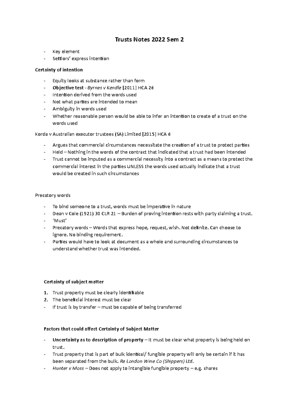 Trusts Notes Lecture Slides - Trusts Notes 2022 Sem 2 Key element ...