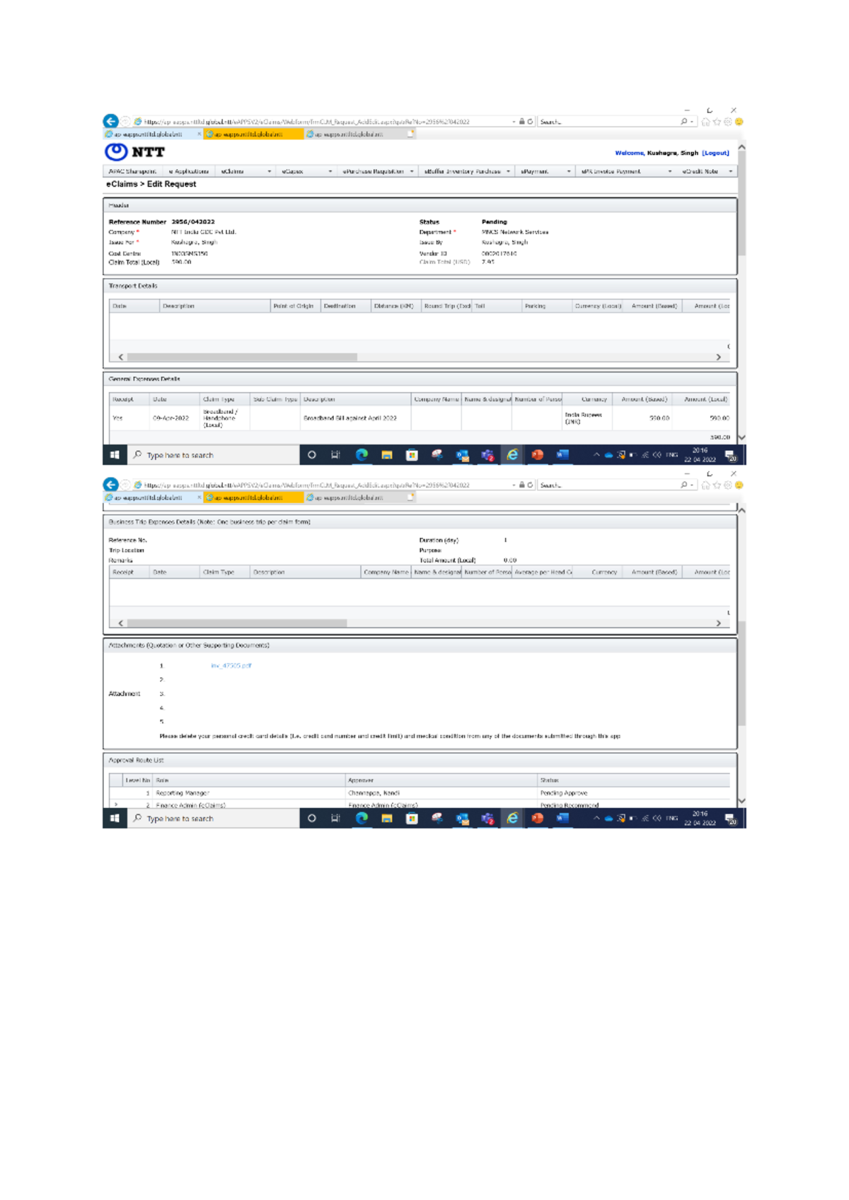 April Broadband Bill - adaDS - Search... NTT Welcome, Kushagra, Singh APAC Sharepoint eClaims ...