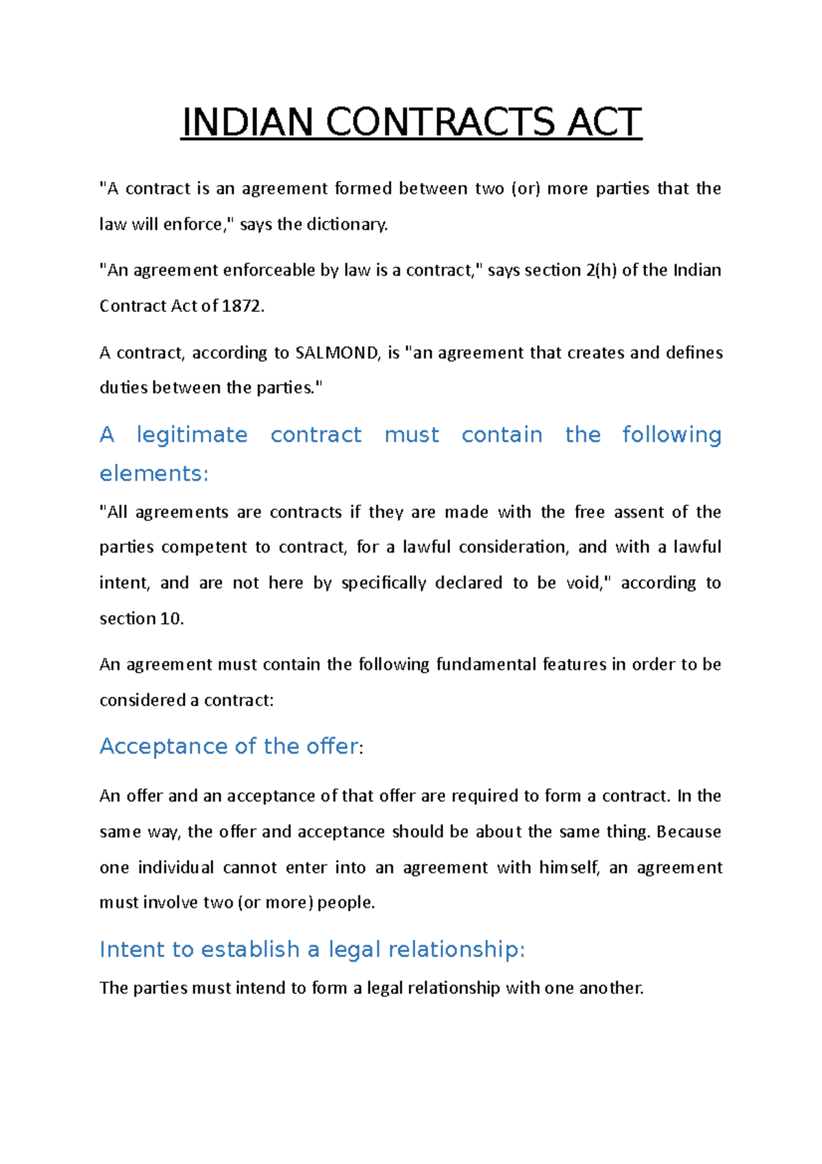 Brief NOTE ON Indian Contracts ACT - INDIAN CONTRACTS ACT "A contract ...