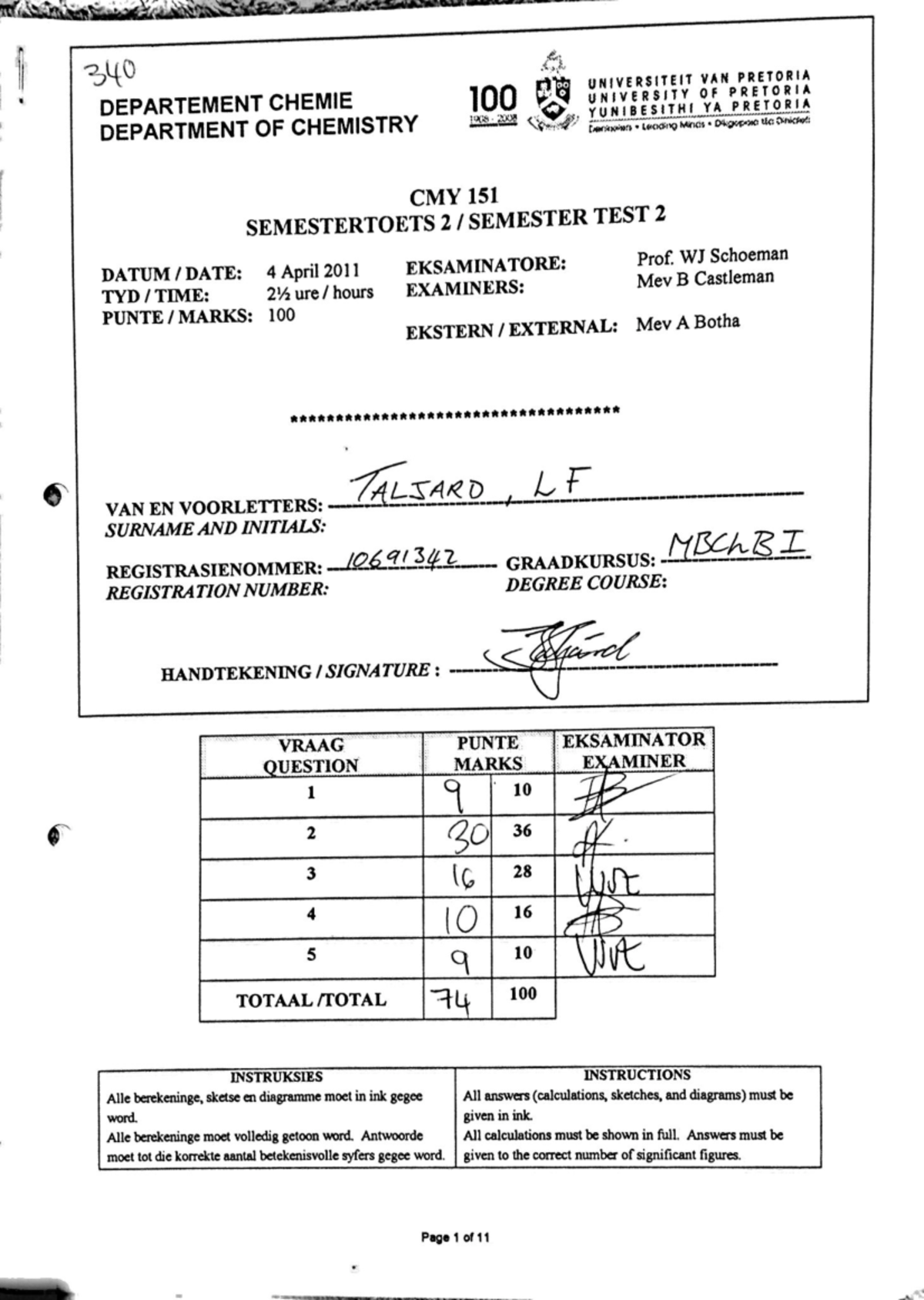 Test 2 4 April 2011, questions and answers - 6x DEPARTEMENT CHEMIE ...