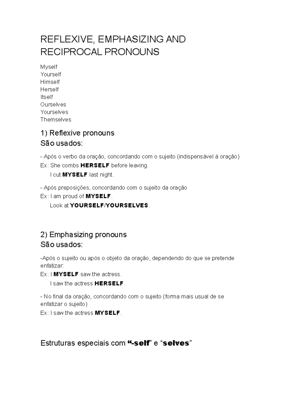 Pronomes Reflexivos, Enfáticos E Recíprocos - REFLEXIVE, EMPHASIZING ...