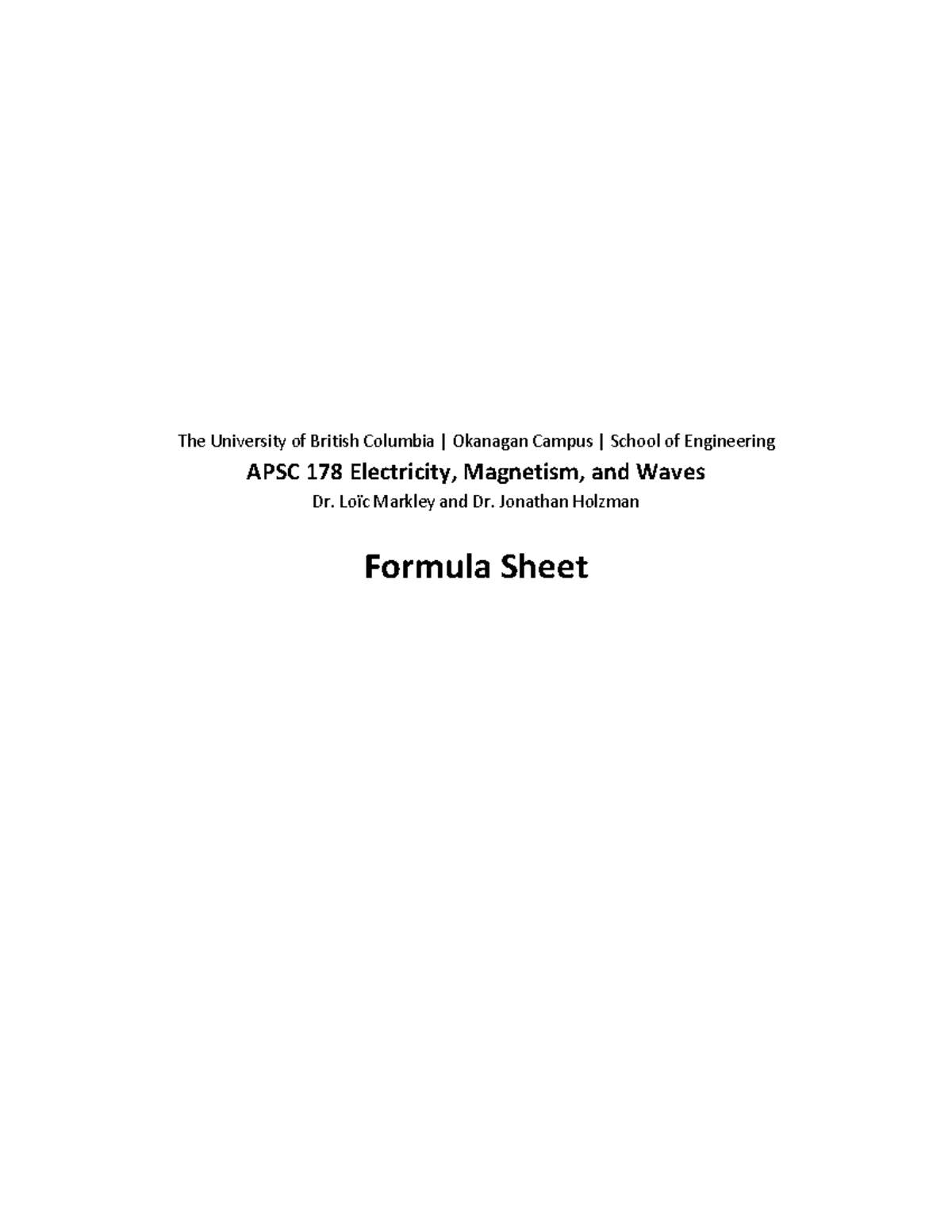APSC 178 Formula Sheet (draft) - The University of British Columbia ...