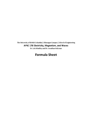APSC 181 Formula and Units Sheet - APSC 181 Formula Sheet 𝐹 𝑐 = 𝑚𝑉 2 𝑅 𝐹 𝑐 = 𝑚𝑉 2 𝑟 + ℎ 𝑔 = 𝐺𝑚 𝑟 ...