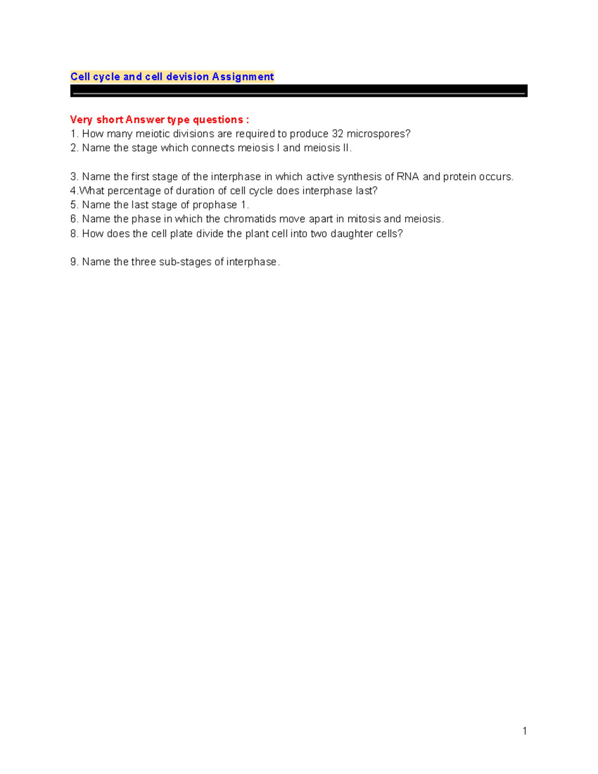 Assignment Of Cell Cycle Cell Cycle And Cell Devision Assignment Very